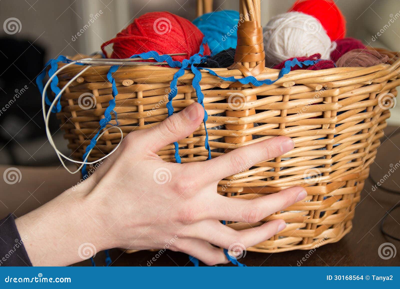Hand Holding a Basket with Knitting Needles and Balls of Wool Stock ...