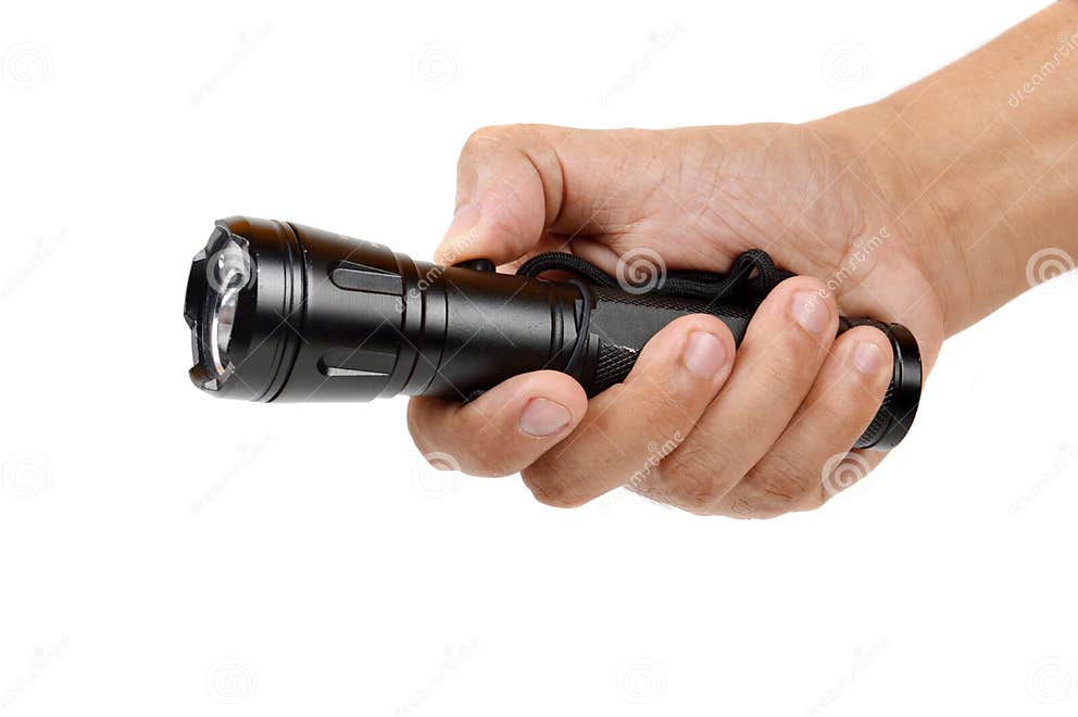 Hand Holding a Black Flashlight Stock Image - Image of lamp ...