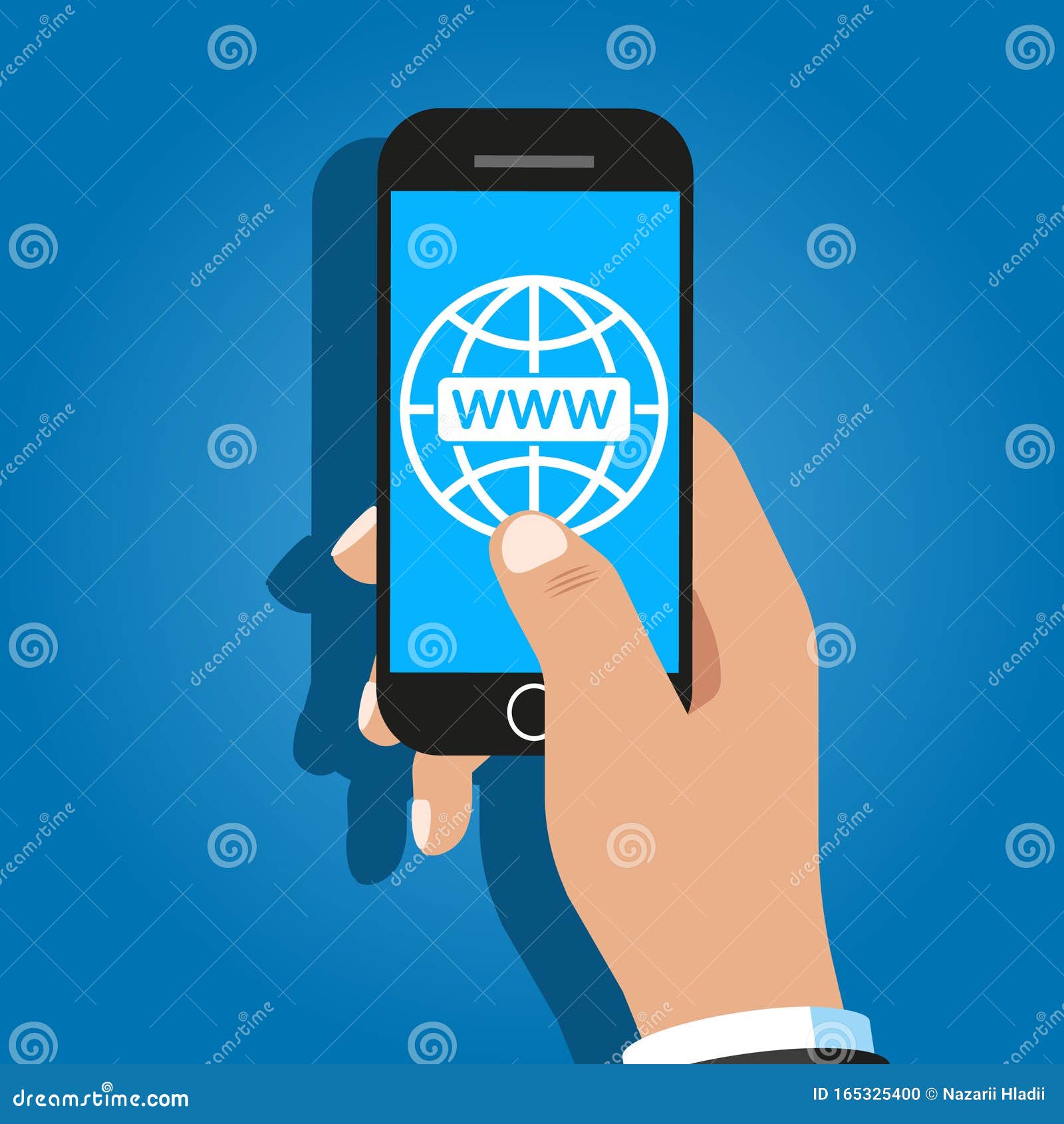 Hand Holding Black Smartphone and Finger Touch on Internet Icon. Vector ...