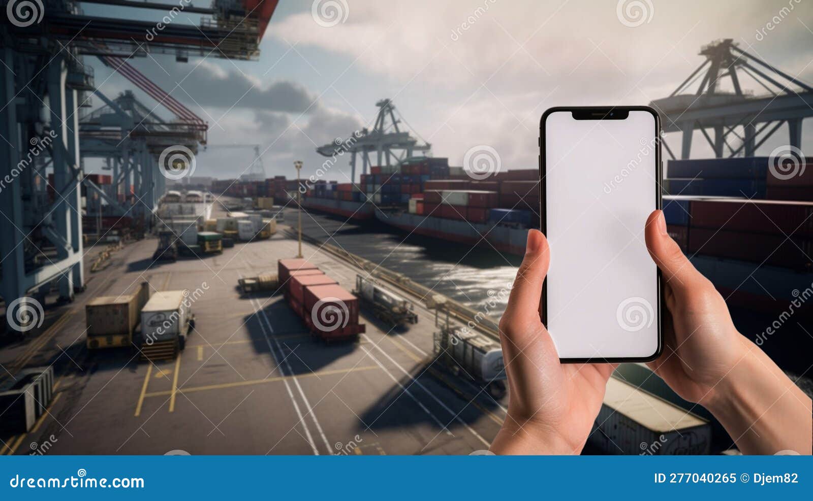 Hand Holding the Black Smartphone on Foreground of Huge Container Cargo ...