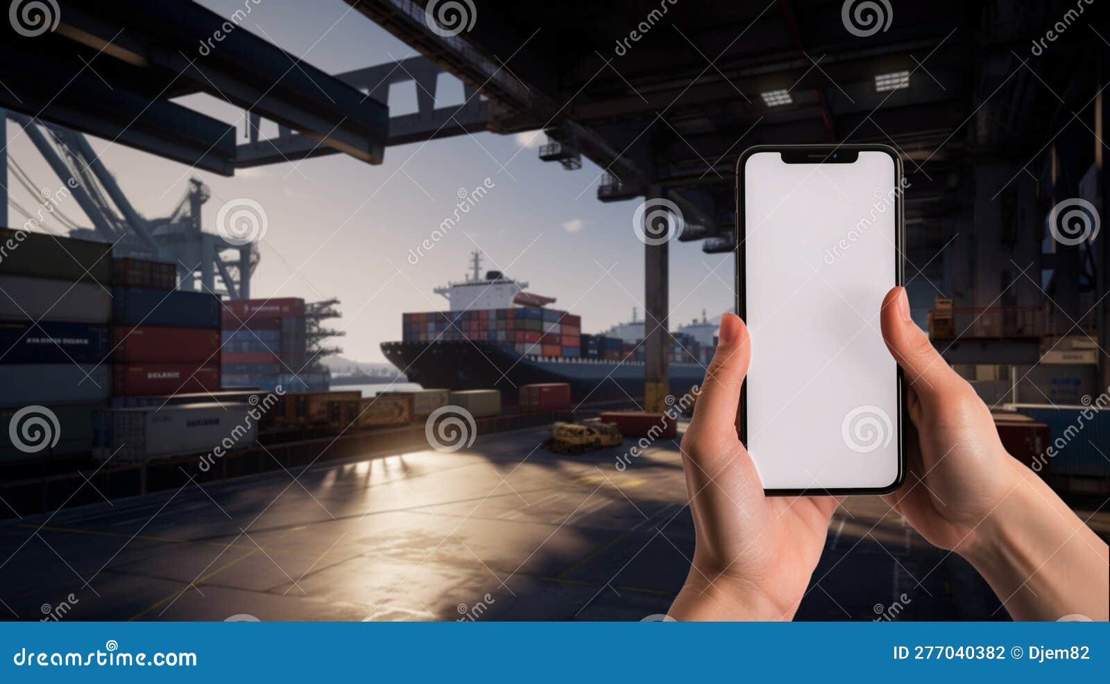 Hand Holding the Black Smartphone on Foreground of Huge Container Cargo ...