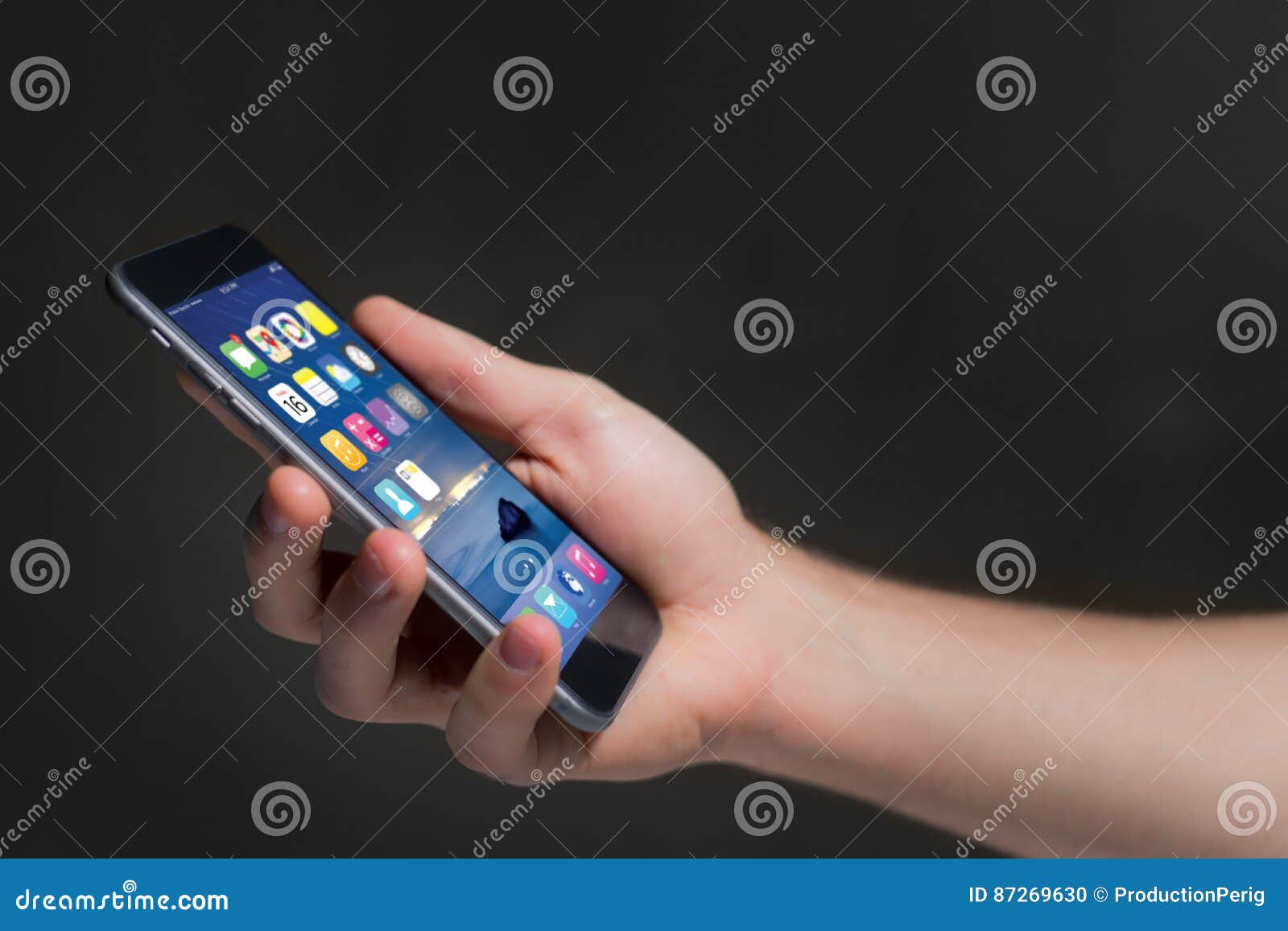 Hand Holding Black Smartphone with Operating System Screen Stock Photo ...
