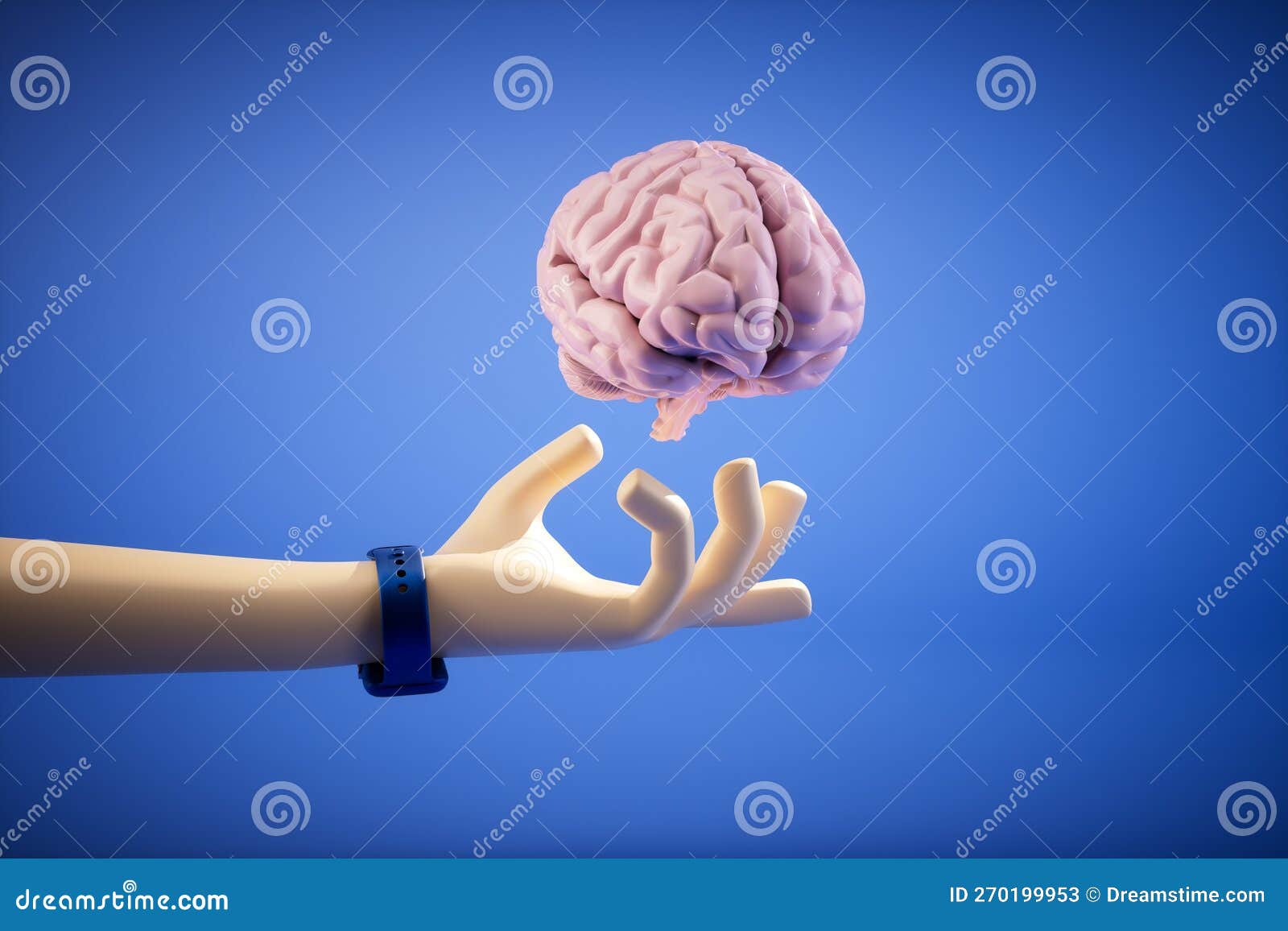 A Hand Holding the Brain on a Blue Background. 3D Render Stock ...