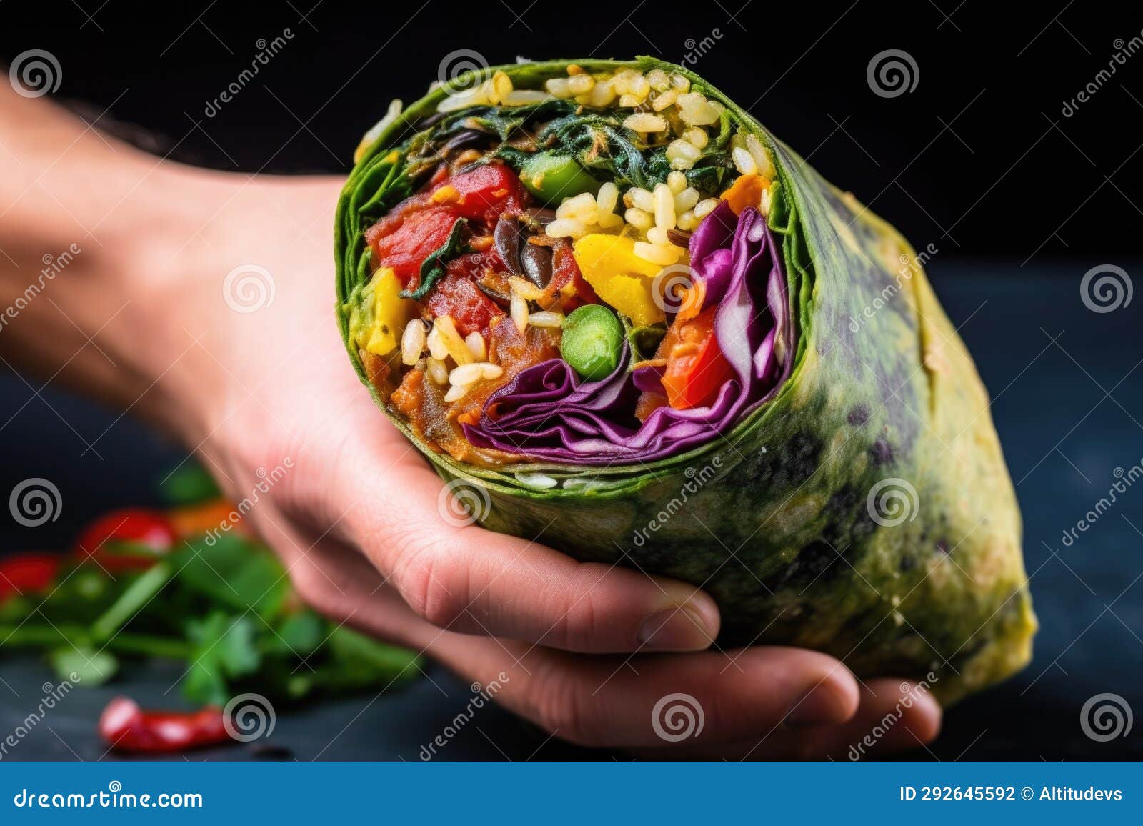 Hand Holding Burrito with Vibrant Vegetable Fillings Stock Photo ...