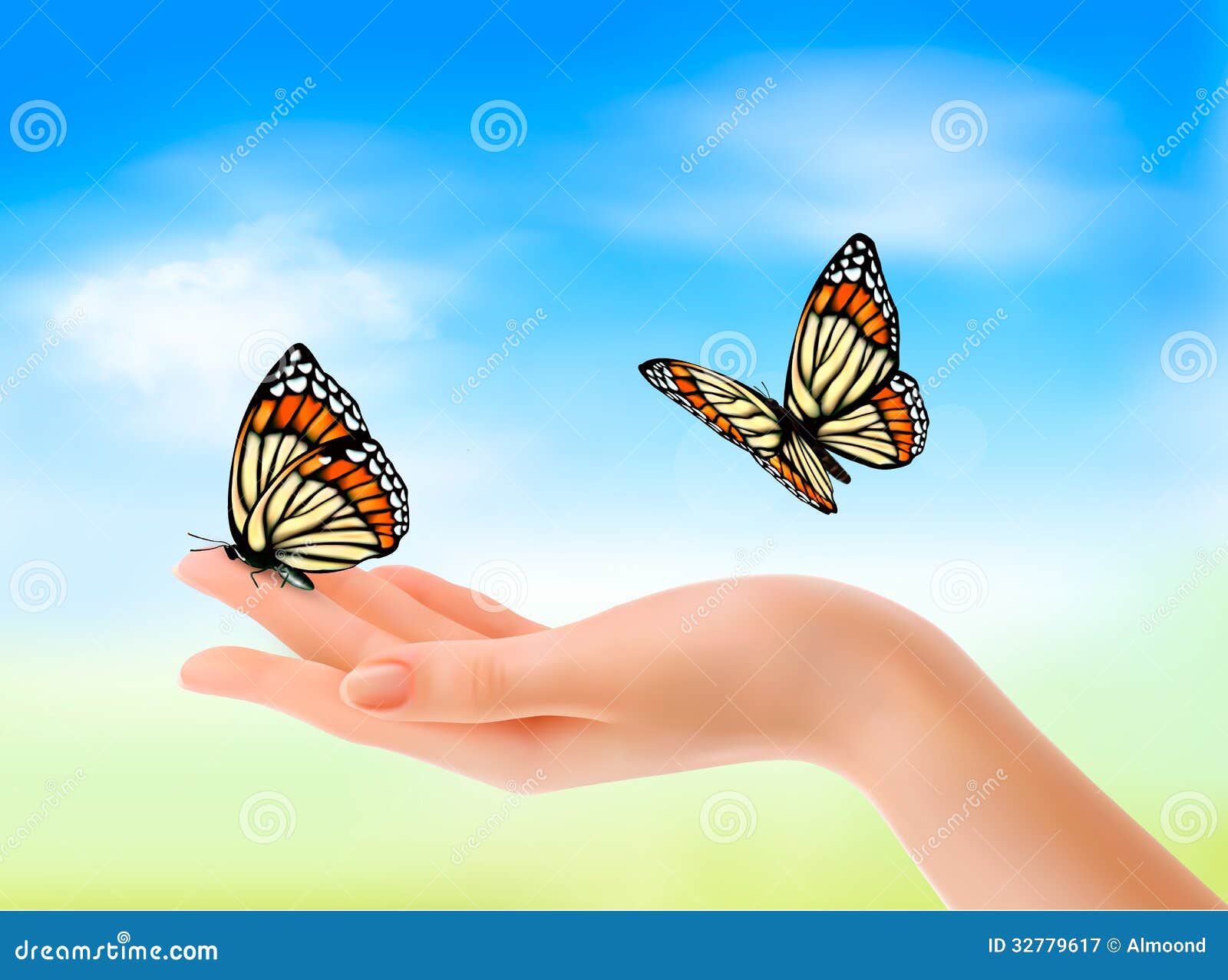 Hand Holding a Butterflies Against a Blue Sky. Stock Vector ...