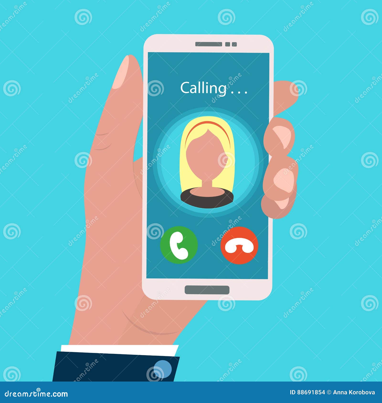 Hand Holding Calling Mobile Phone in Flat Design Style. Incoming Call ...
