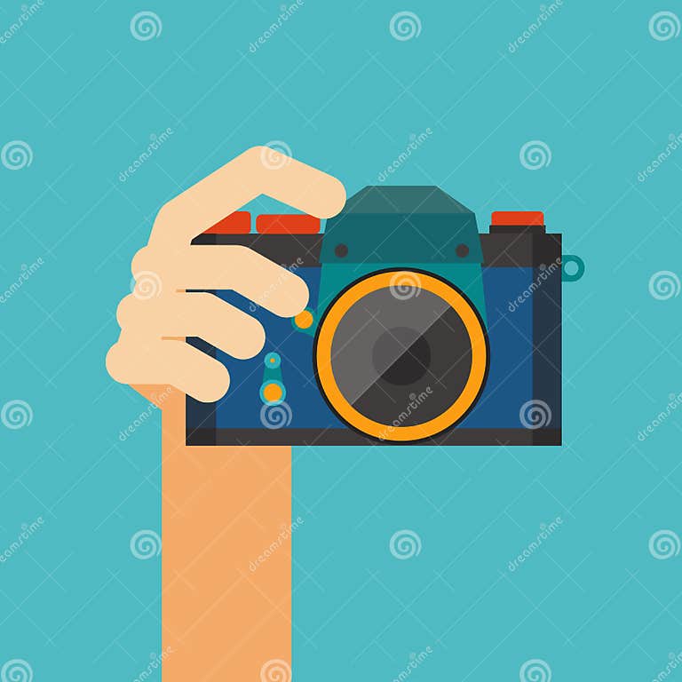Hand holding camera stock vector. Illustration of photographer - 49694599