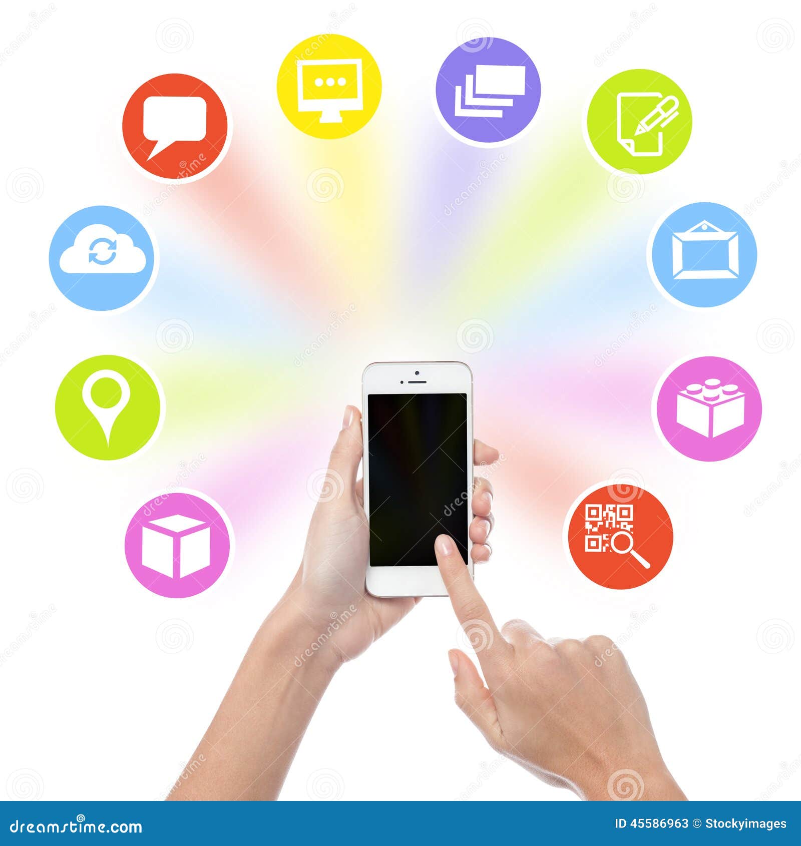 Hand Holding Cell Phone with Application Icons Stock Image - Image of ...