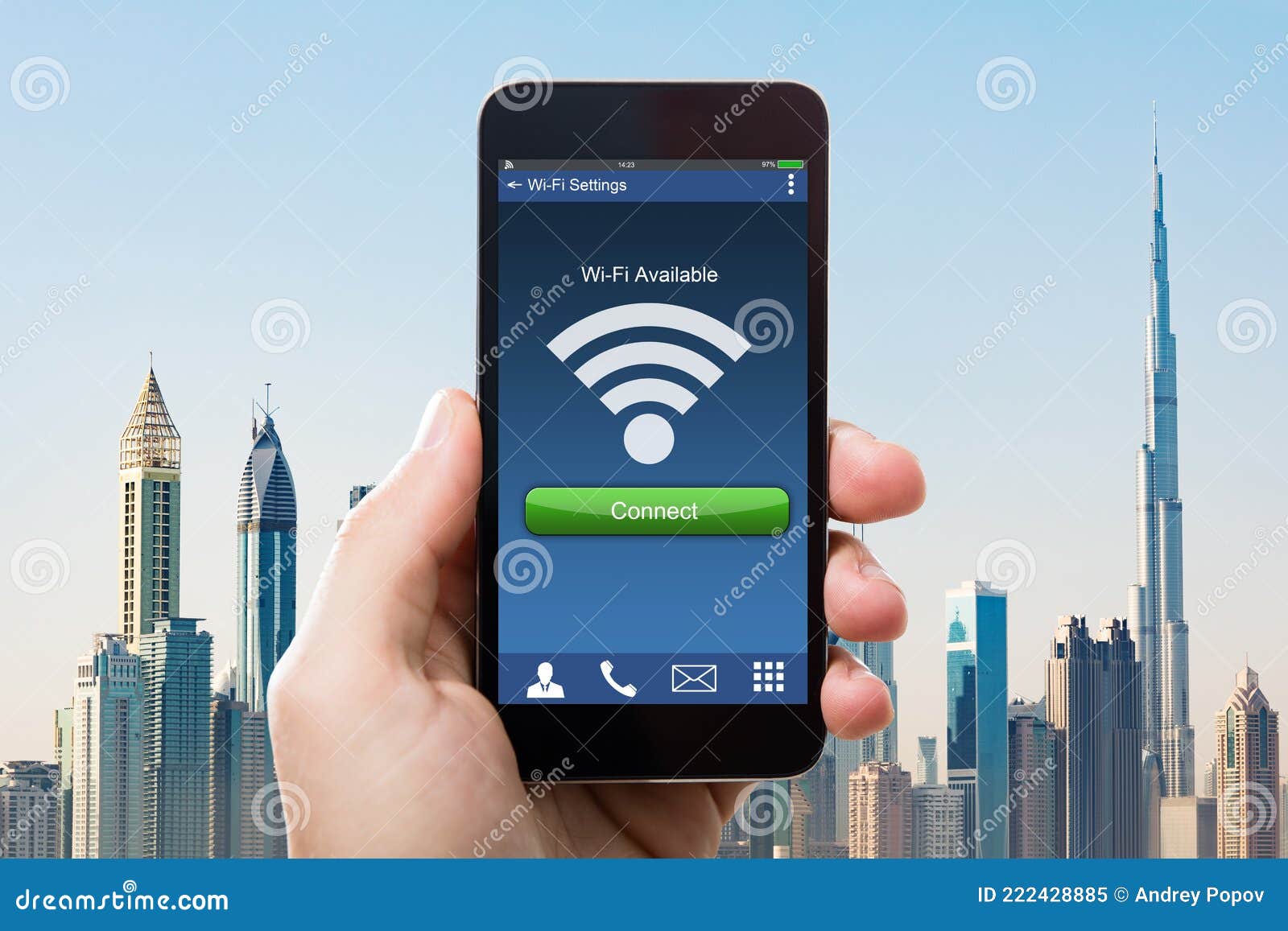 Hand Holding Smart Phone with Wi-fi Availability on Screen Stock Image ...