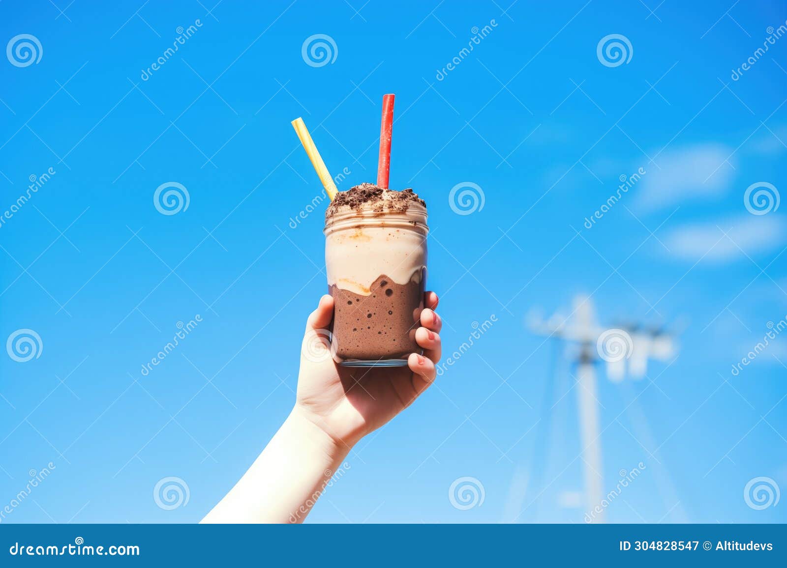 Hand Holding Chocolate Milkshake Against Blue Sky Stock Image - Image ...