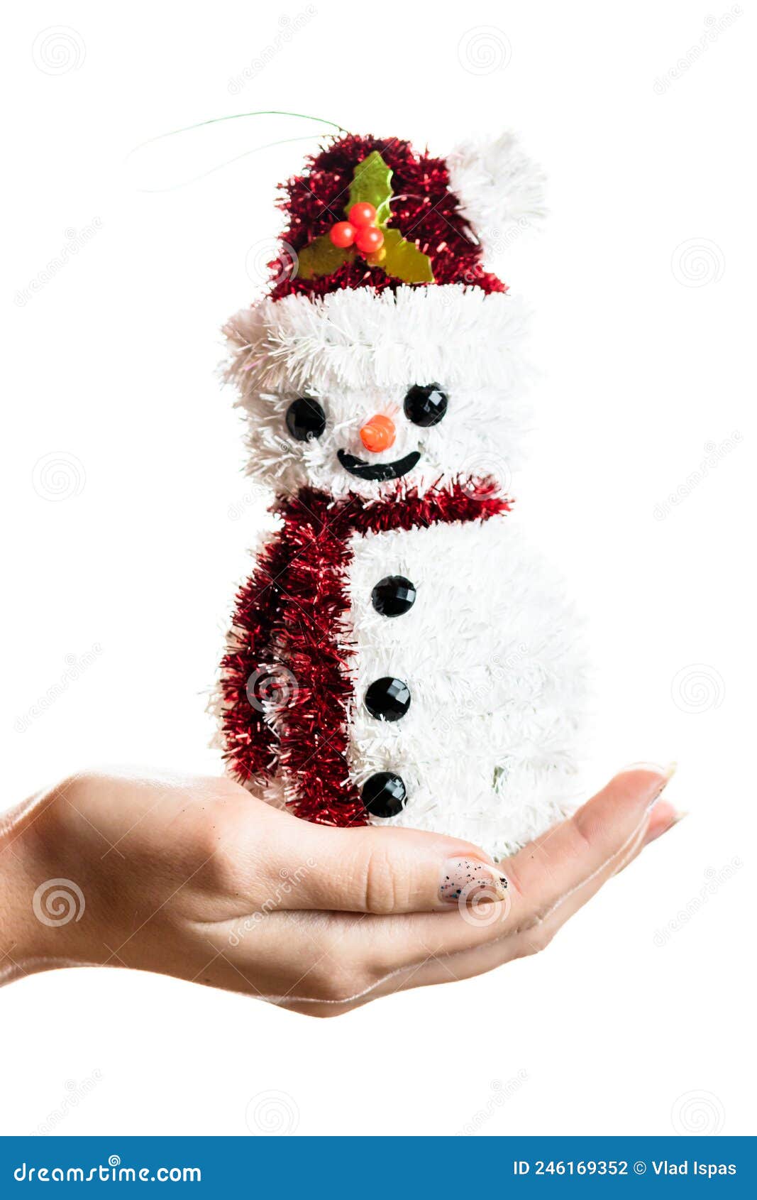 Hand Holding Christmas Snowman Figurine Isolated on White Background ...