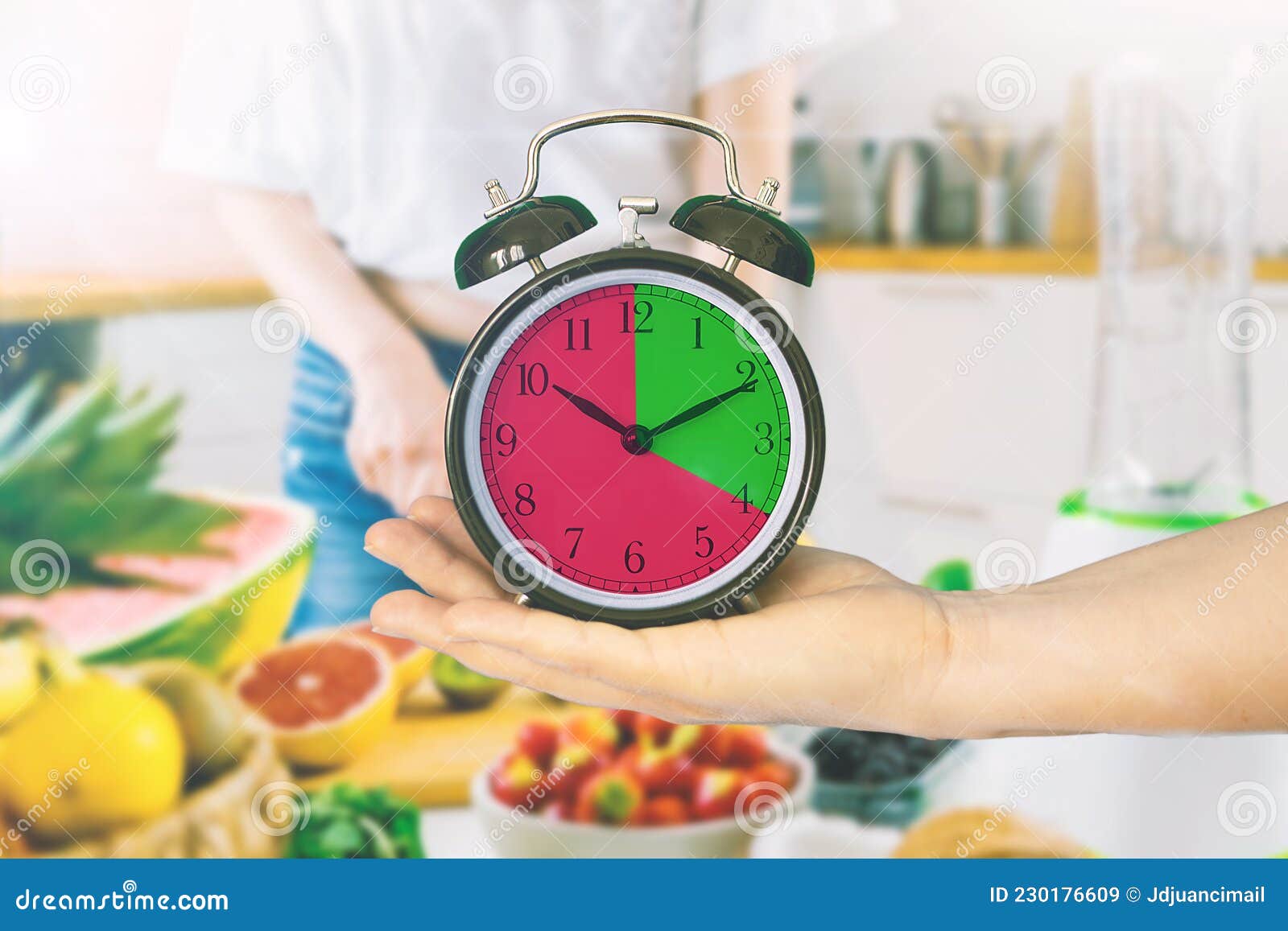 Hand Holding a Clock in a Kitchen. Intermittent Fasting Concept Stock ...