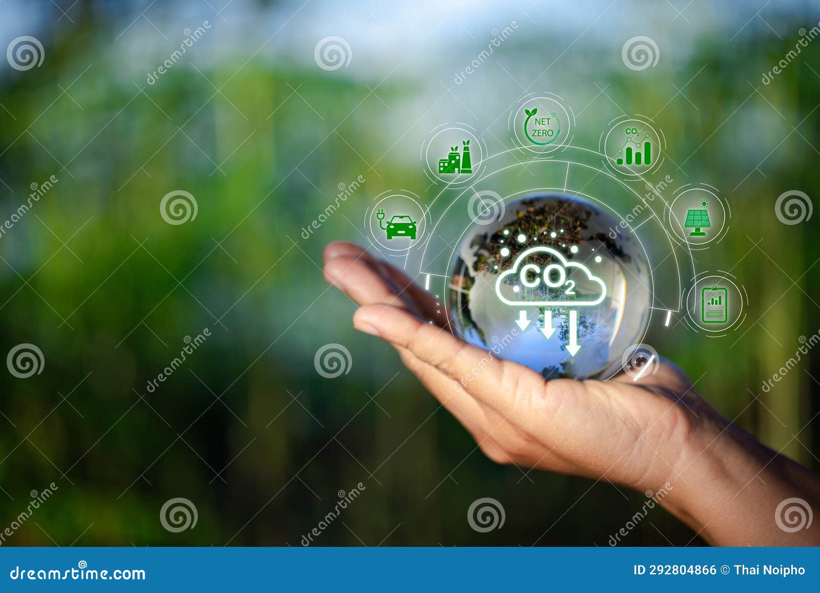 Hand Holding CO2 Reducing Icon with Virtual World for Decrease Carbon Dioxide Emission, Carbon ...
