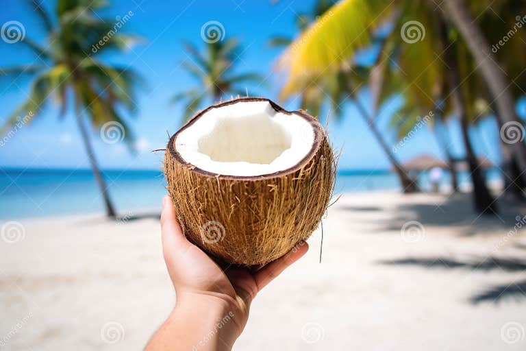 Hand Holding a Coconut in a Beach Setting, Straw Inserted Stock ...