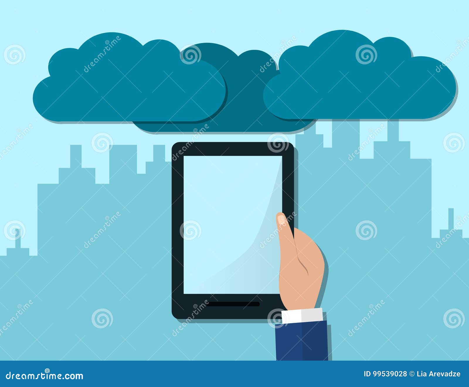 Hand Holding Computer Devices Connect To Modern Cloud Services. Flat ...