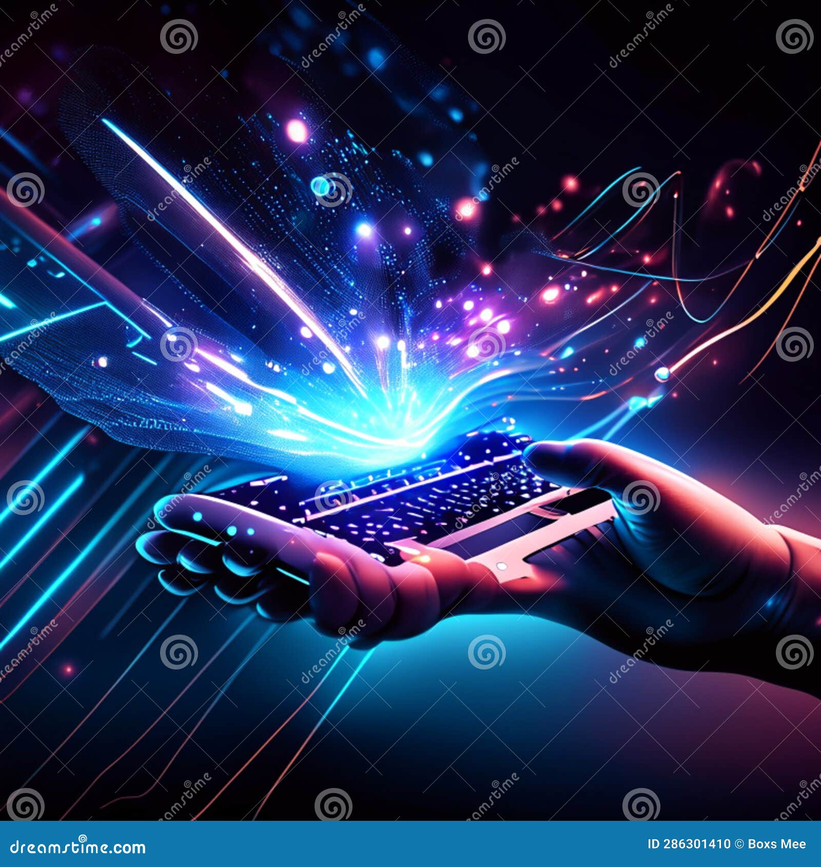 Hand Holding Computer Keyboard on Dark Background with Neon Lights. 3D ...
