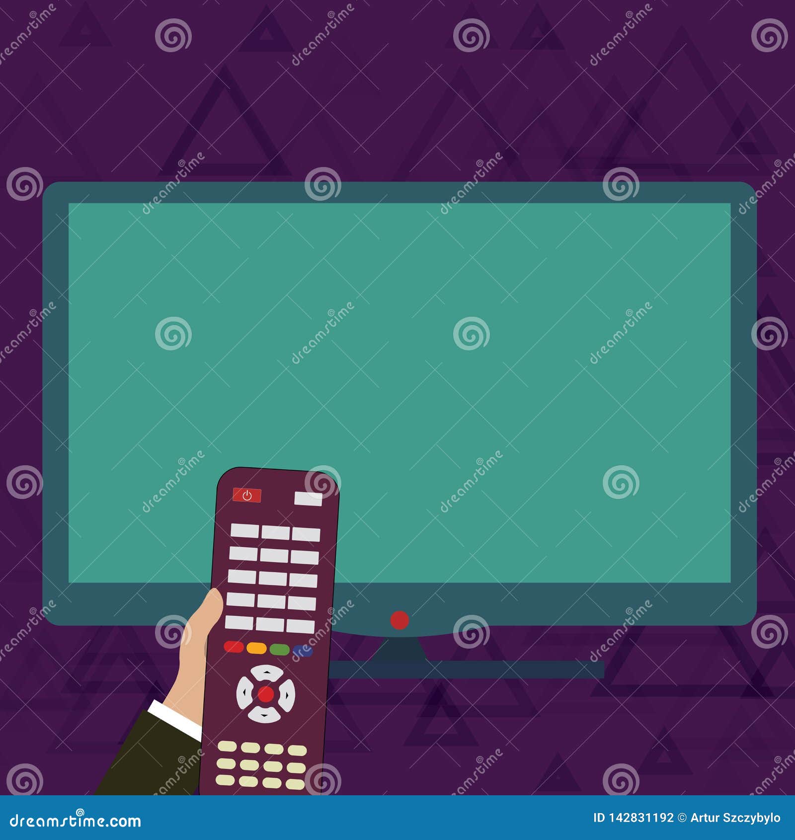 Hand Holding Computer Remote Control Infront of Blank Wide Flat Color ...