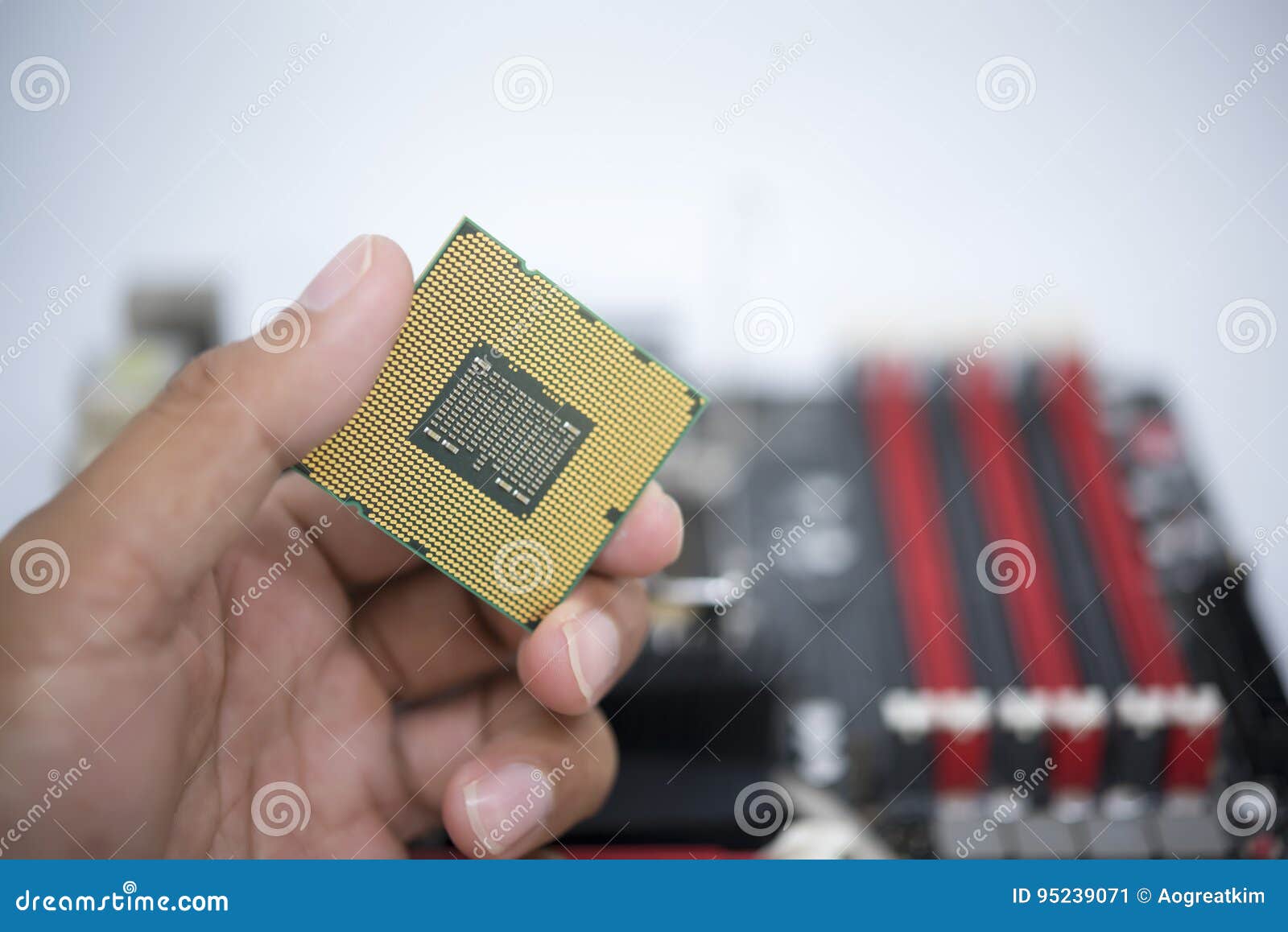 Hand Holding CPU Show the Ic Surface and Have Motherboard Open Stock ...