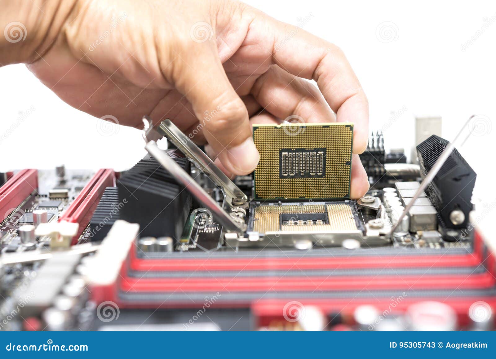 Hand Holding CPU Show the Ic Surface and Have Motherboard Open Stock ...