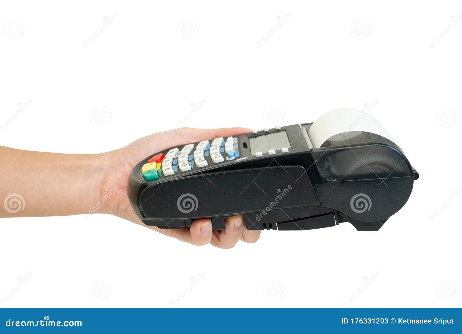 Hand Holding Credit Card Swipe Machine on White Stock Image - Image of ...
