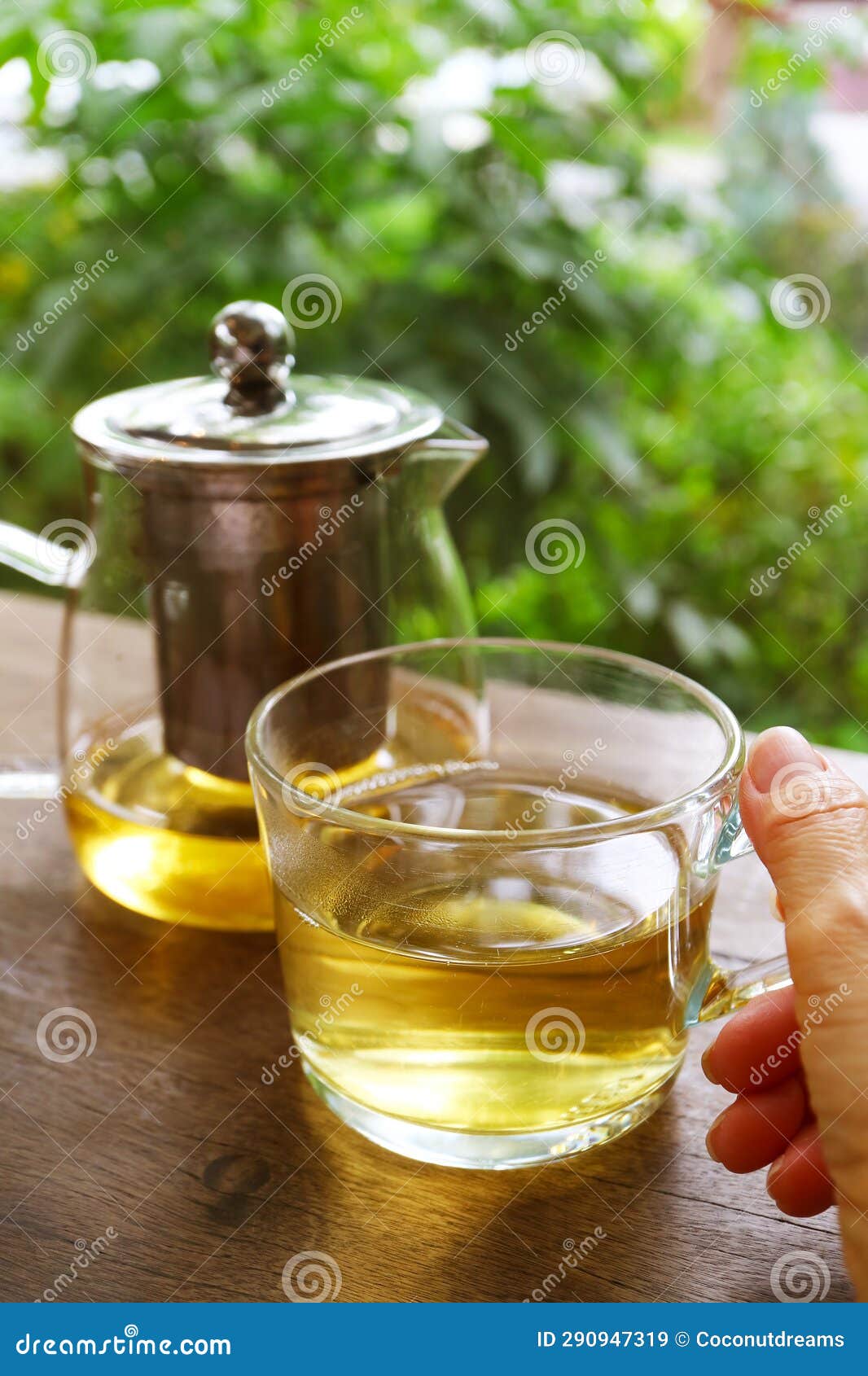 Hand Holding a Cup of Hot Tea with Tea Pot in the Backdrop Stock Image ...