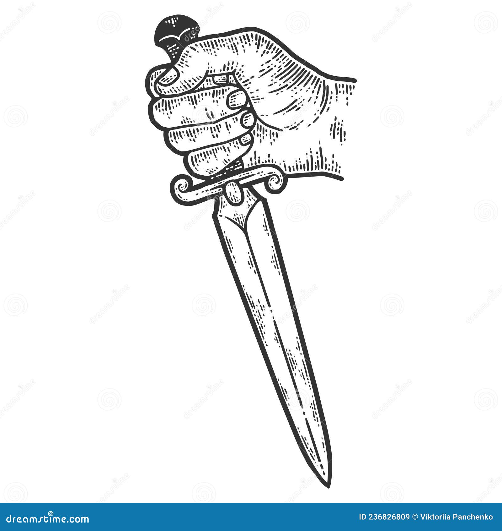 Hand Holding a Dagger. Sketch Scratch Board Imitation. Black and White ...