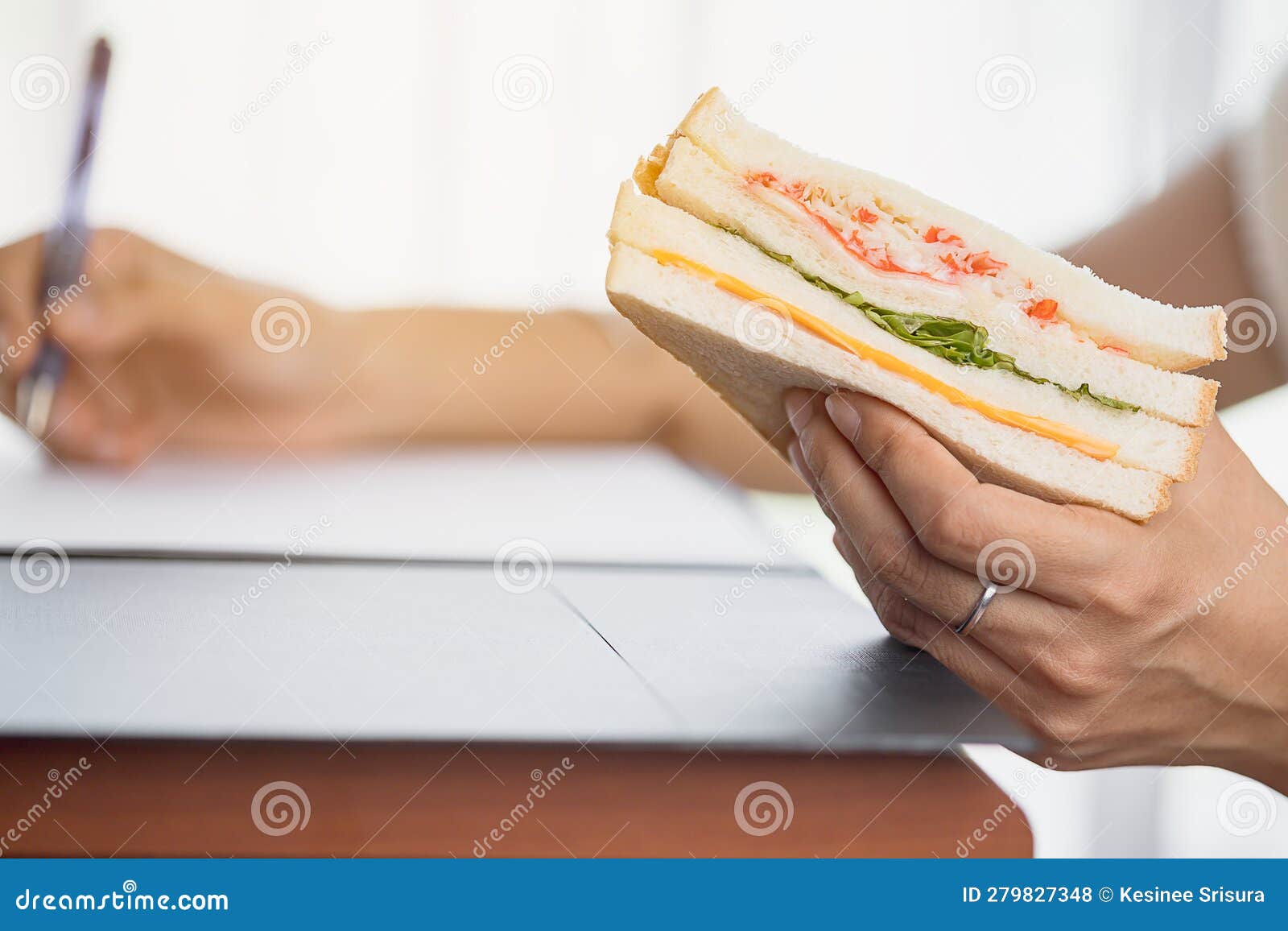 Hand Holding a Delicious Sandwich while Doing Work Stock Photo - Image ...