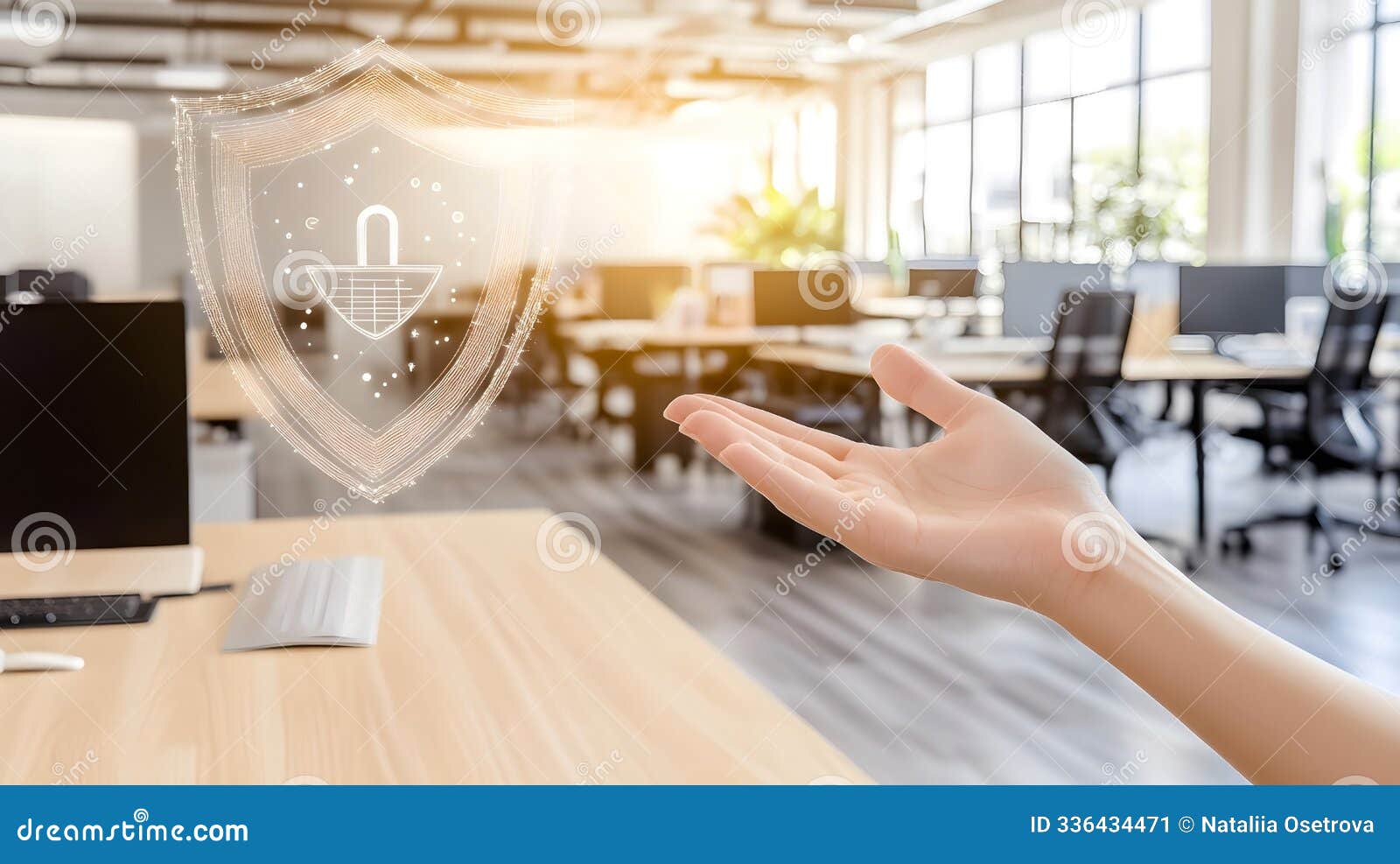 Hand Holding a Digital Shield with a Lock Symbol in a Modern Office ...