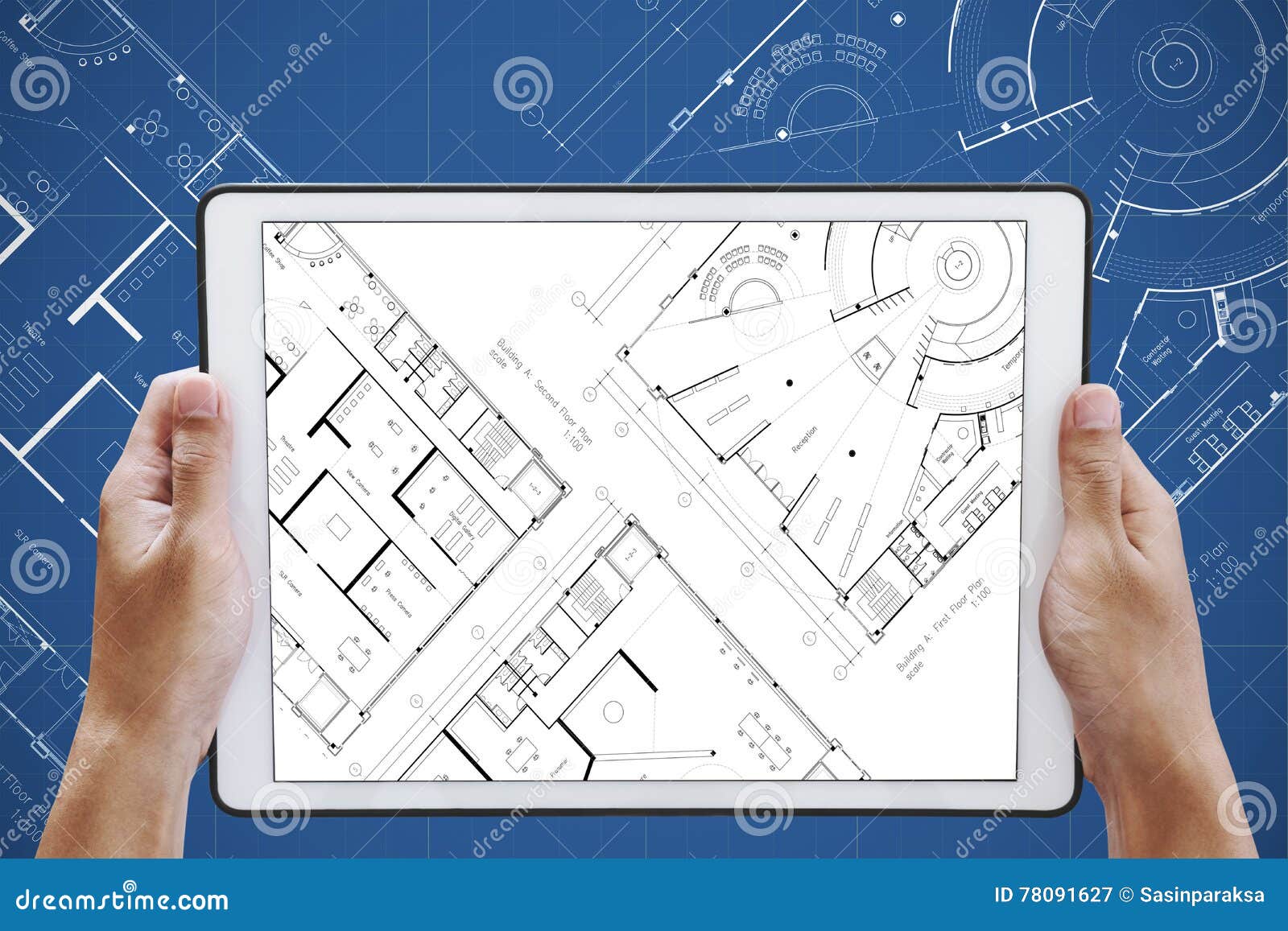 Hand Holding Digital Tablet with Architectural Planning on Screen, and ...