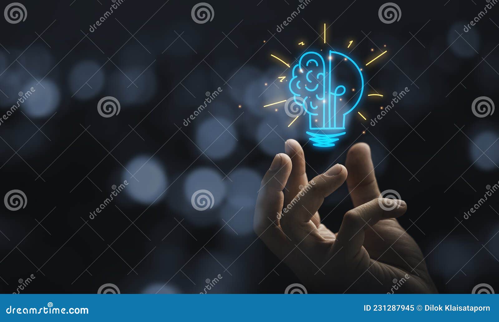Hand Holding Drawing Virtual Lightbulb with Brain on Bokeh Background ...