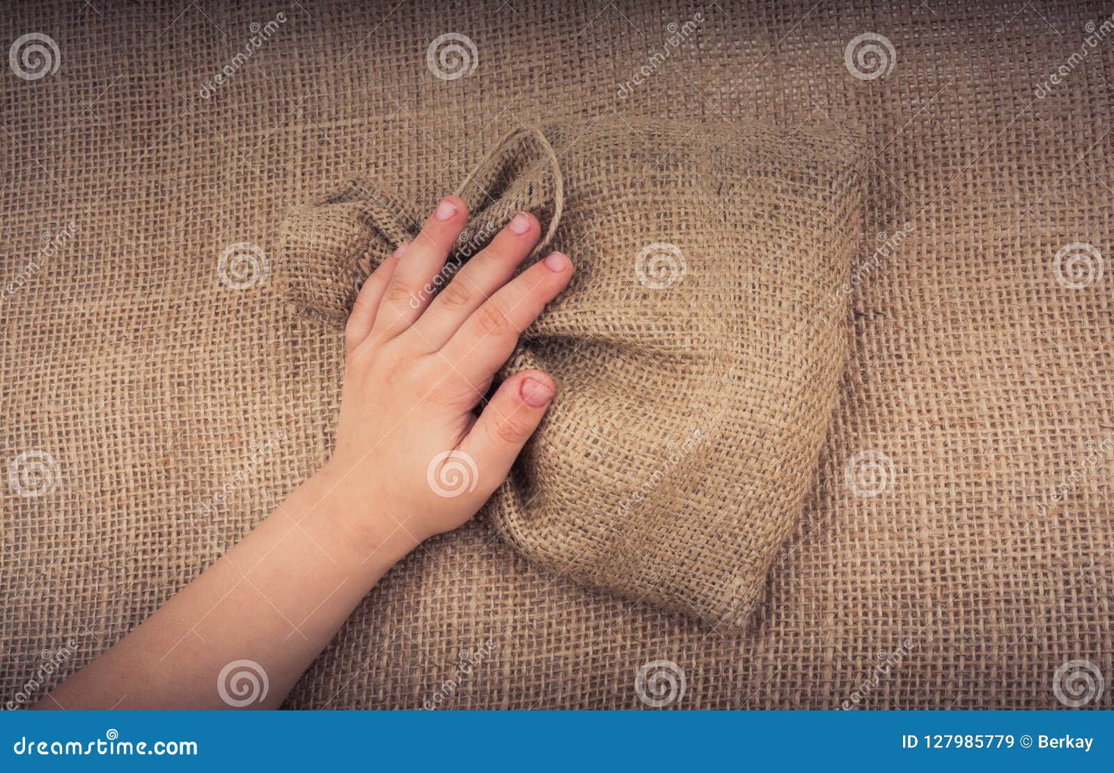 Hand Holding Empty Little Sack Made of Linen Stock Image - Image of ...