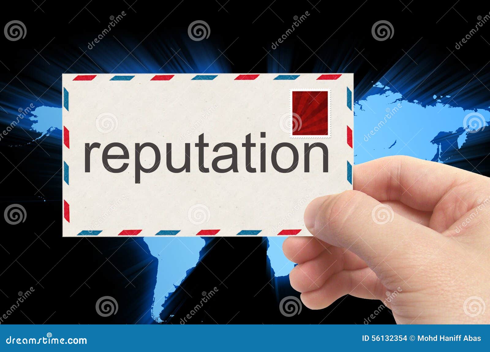 Hand Holding Envelope with Reputation Word on World Background Stock ...