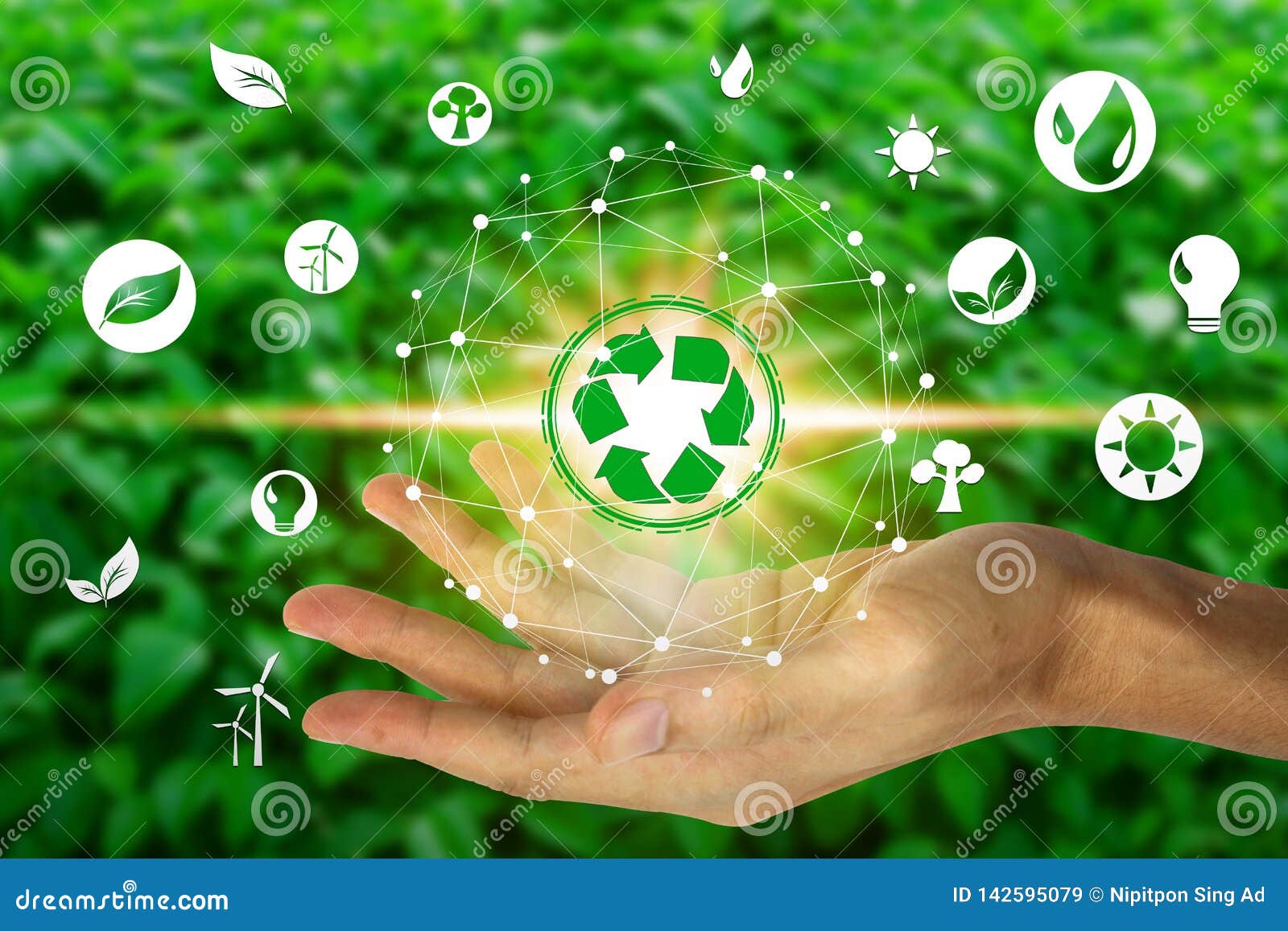 Hand Holding With Environment Icons Over The Network Connection On ...