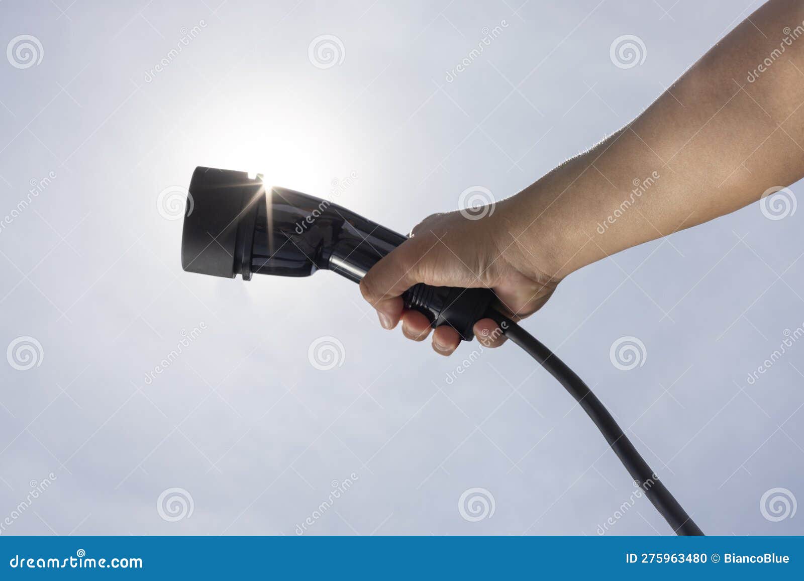 Below View Image Hand Holding Progressive EV Charger with Sky ...