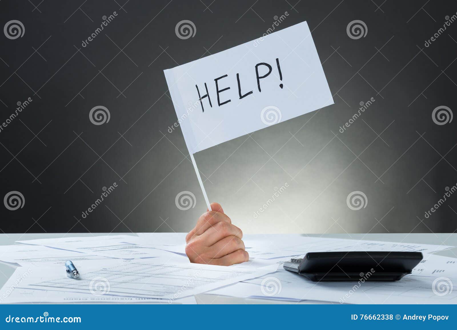 Hand Holding Flag Asking for Help while Emerging from Documents Stock ...