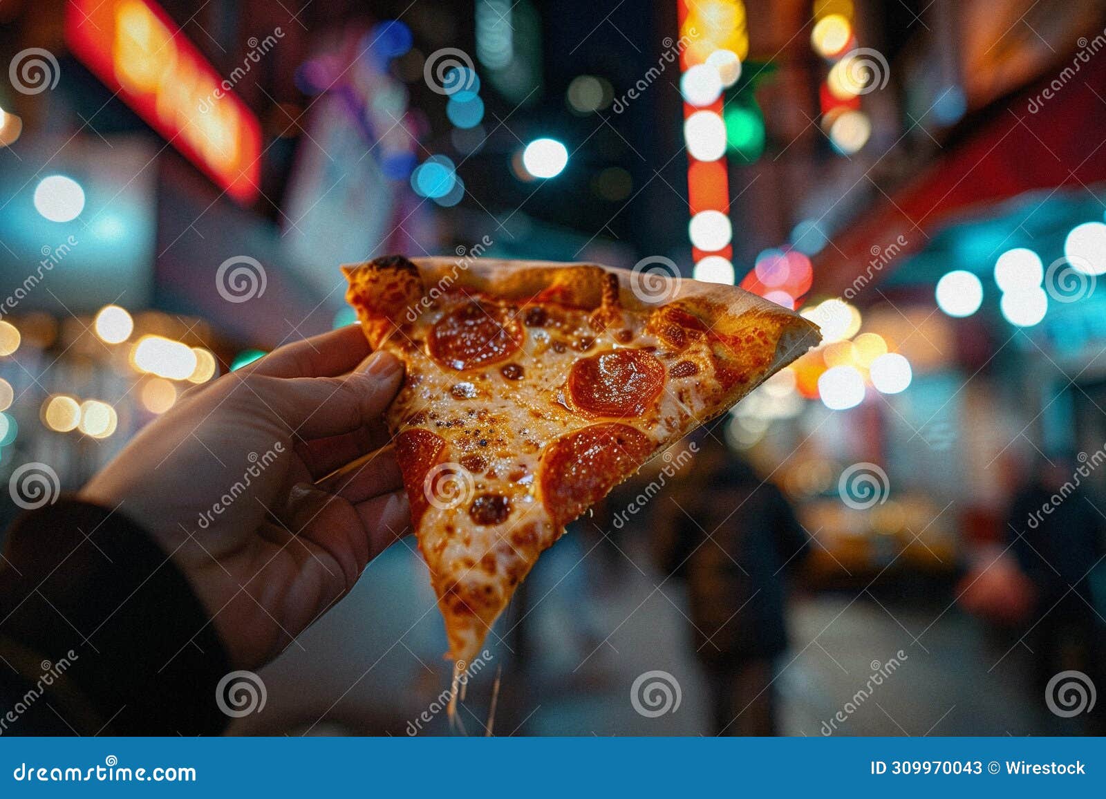 A Hand Holding a Folded Slice of Pizza Against a Backdrop of City ...