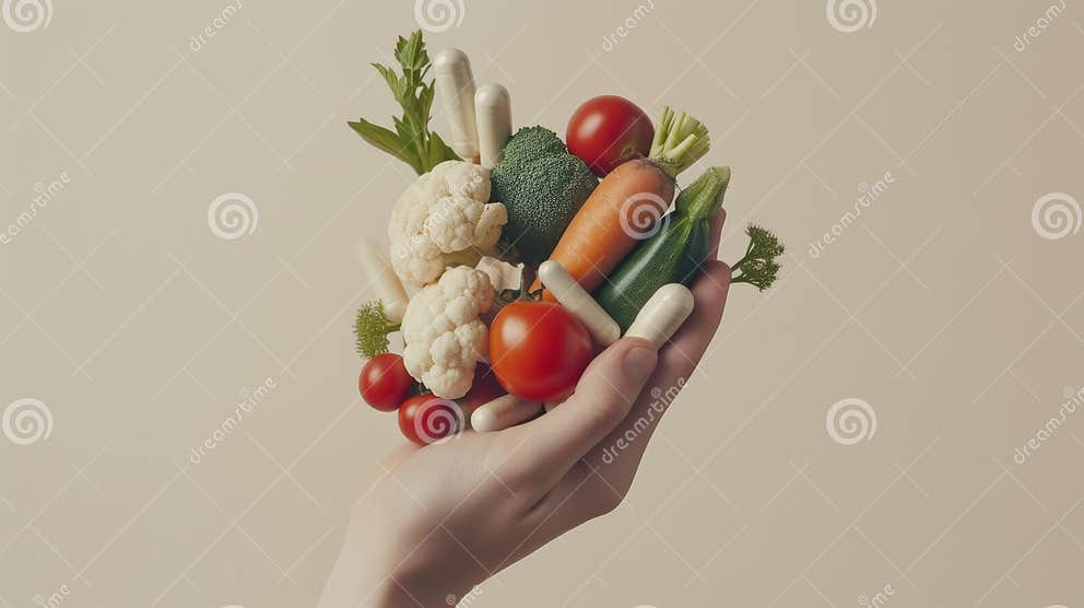 Hand Holding Fresh Vegetables and Supplements Stock Illustration ...