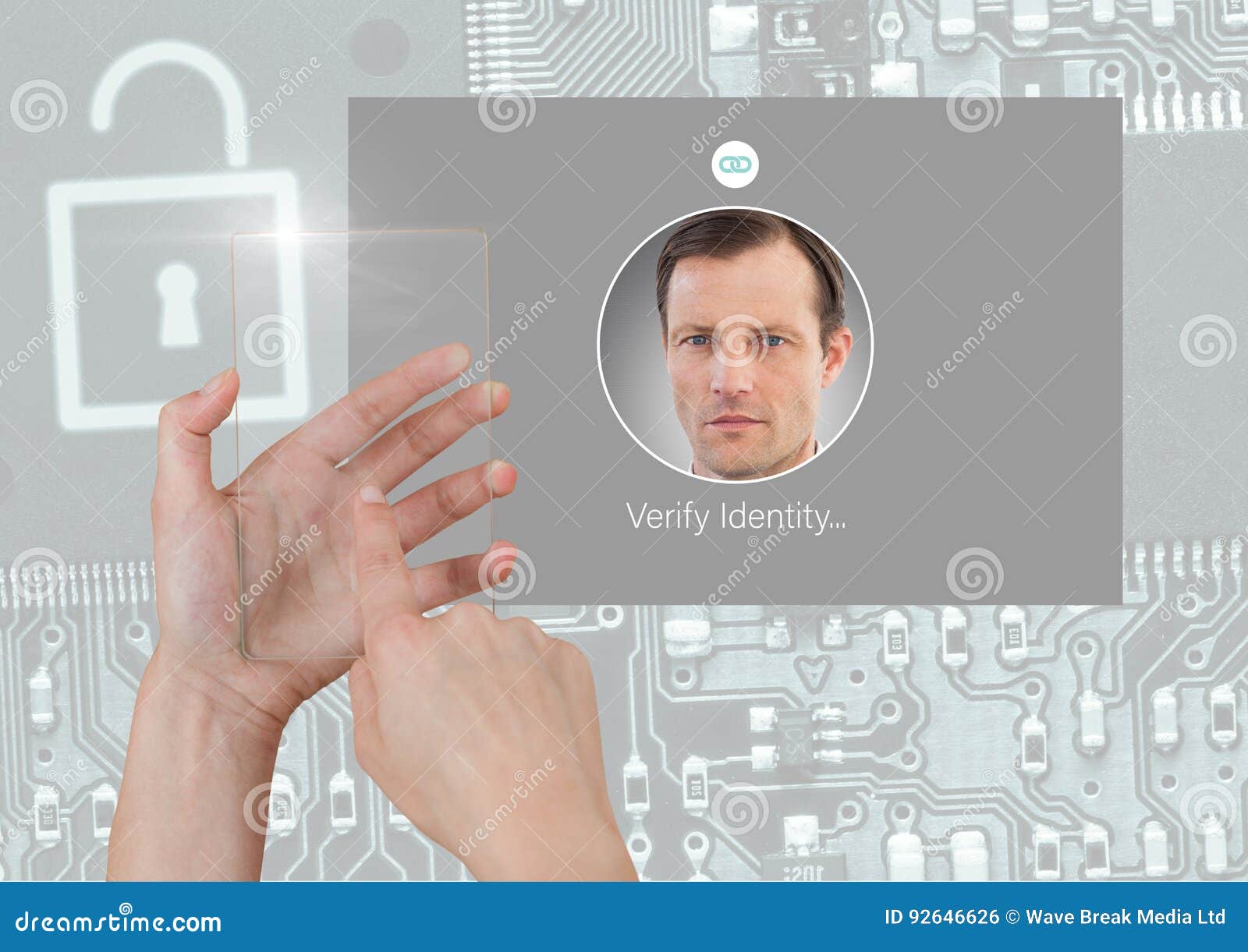 Hand Holding Glass Screen and Identity Verify Security App Interface ...