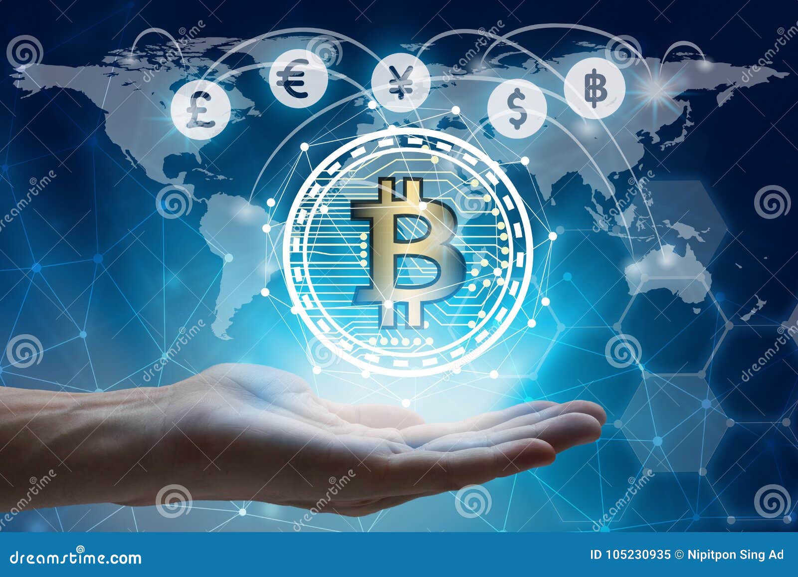 Hand Holding Global Network Using Currencies Sign Symbol Interface of ...