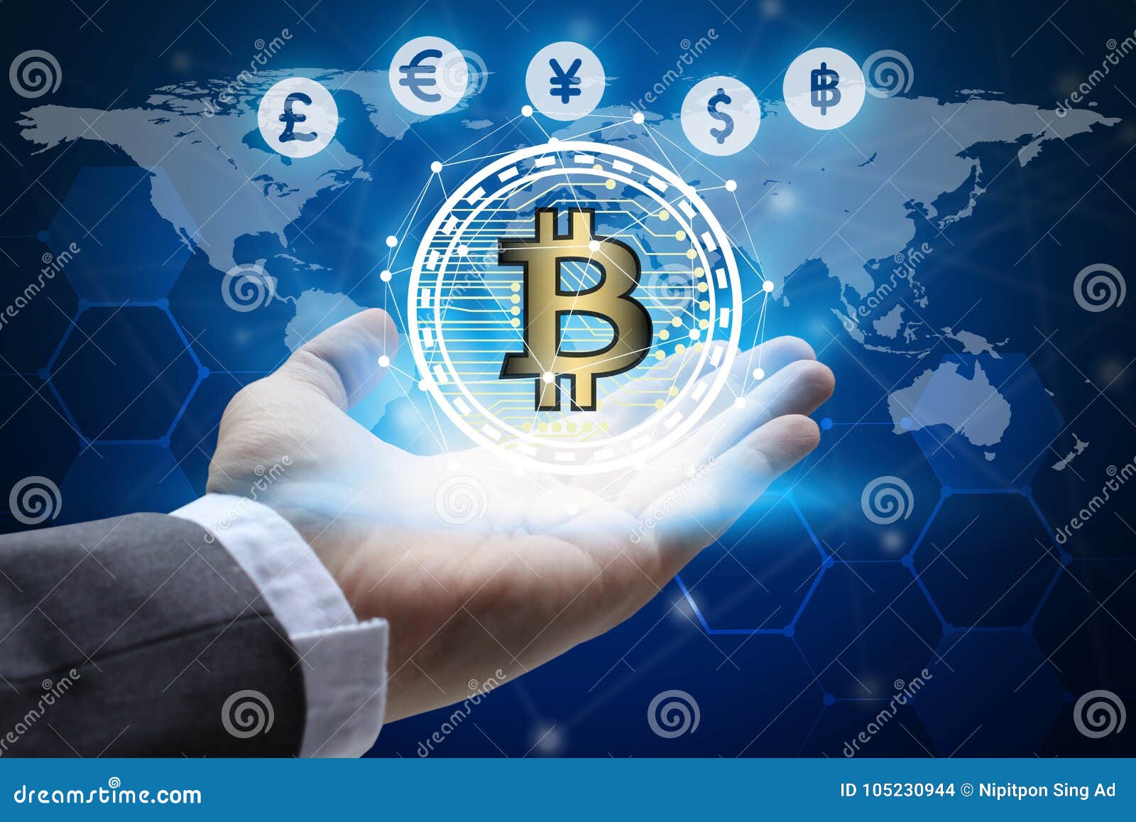 Hand Holding Global Network Using Currencies Sign Symbol Interface of ...