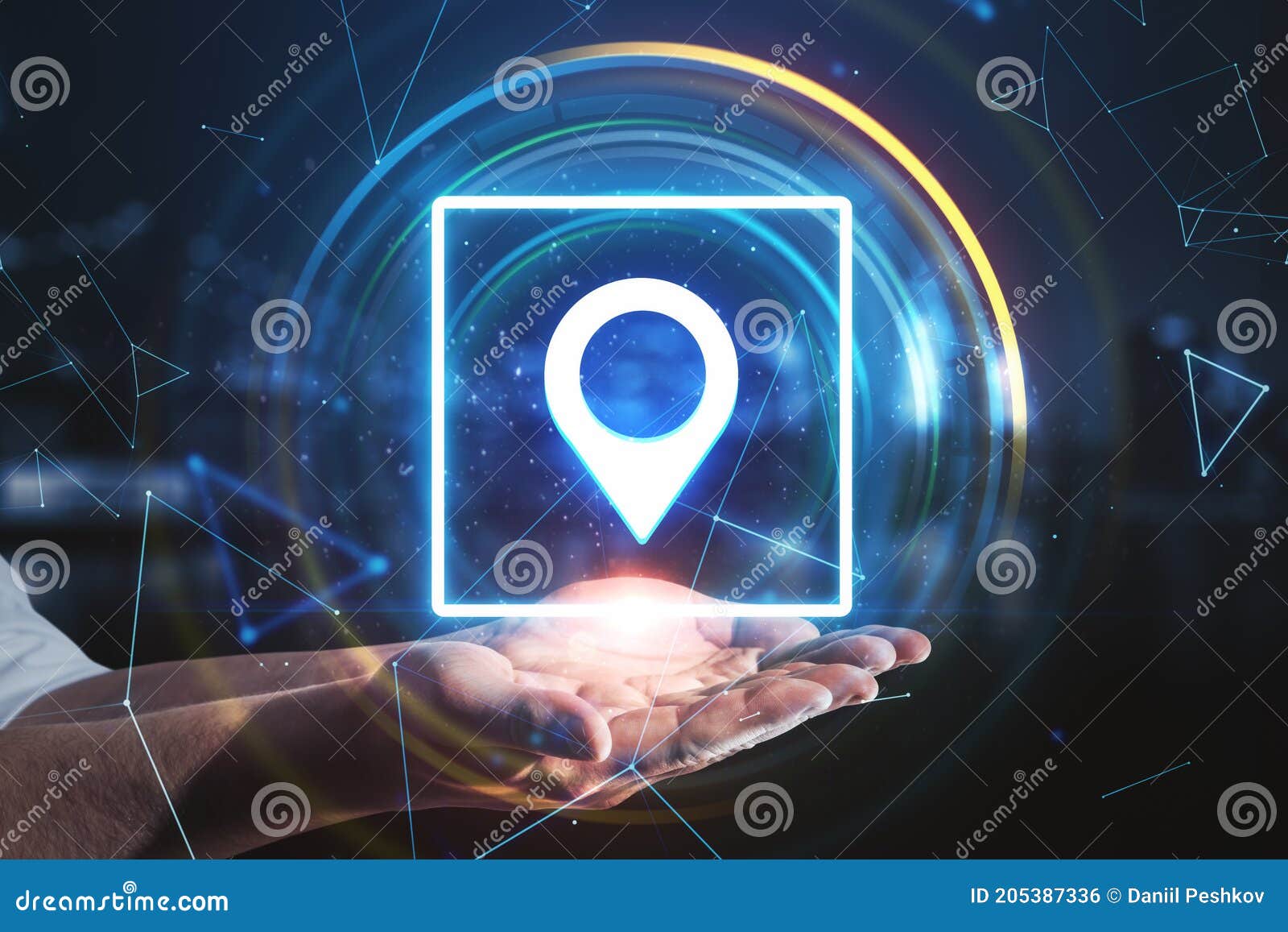 Hand Holding Glowing Digital Geolocation Gps Interface Stock ...