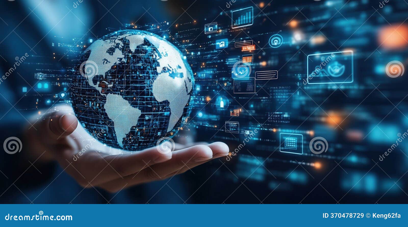 Hand Holding Glowing Digital Globe Surrounded By Futuristic Data Visuals Royalty-Free Stock ...