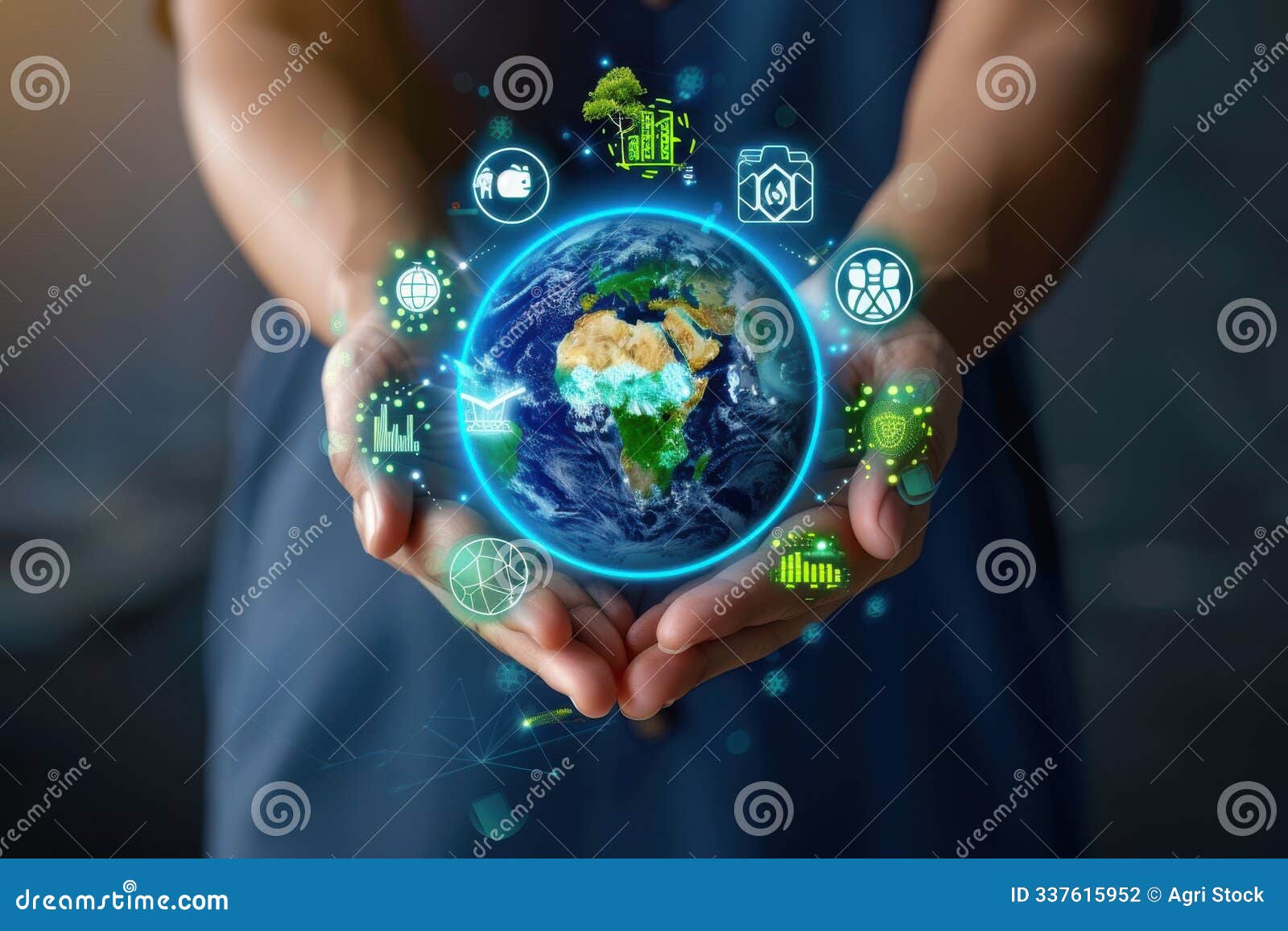 A Glowing Earth in a Person S Hands Surrounded by Technology and Nature ...