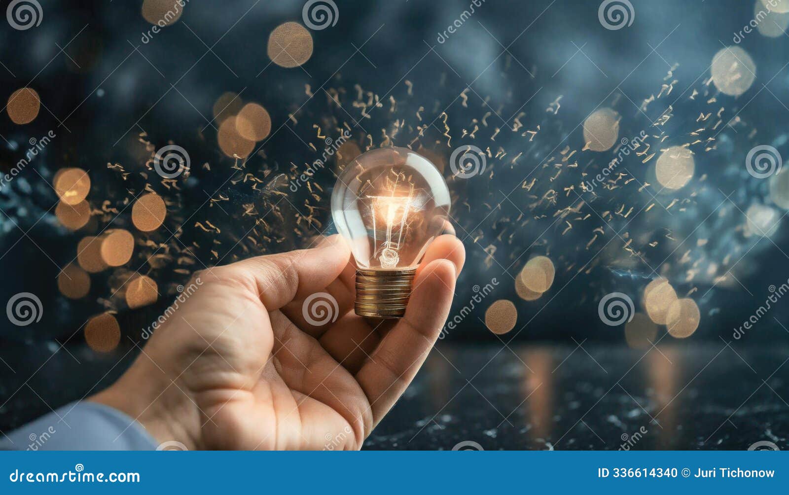 A Hand Holding a Glowing Light Bulb with Spark-like Particles ...