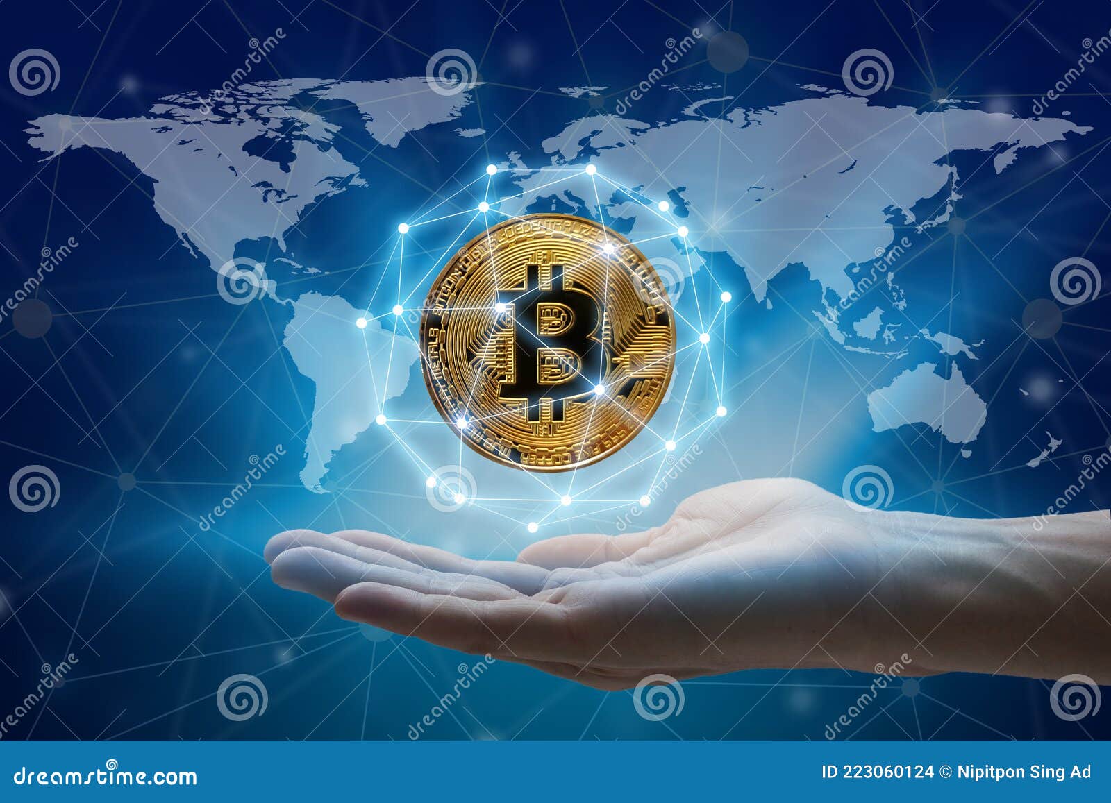 Hand Holding with Golden Bitcoin Digital Currency on World Map Stock ...