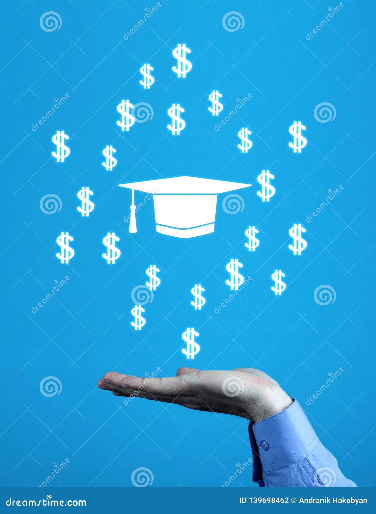 Hand Holding Graduation Cap with Dollar Signs Stock Photo - Image of ...