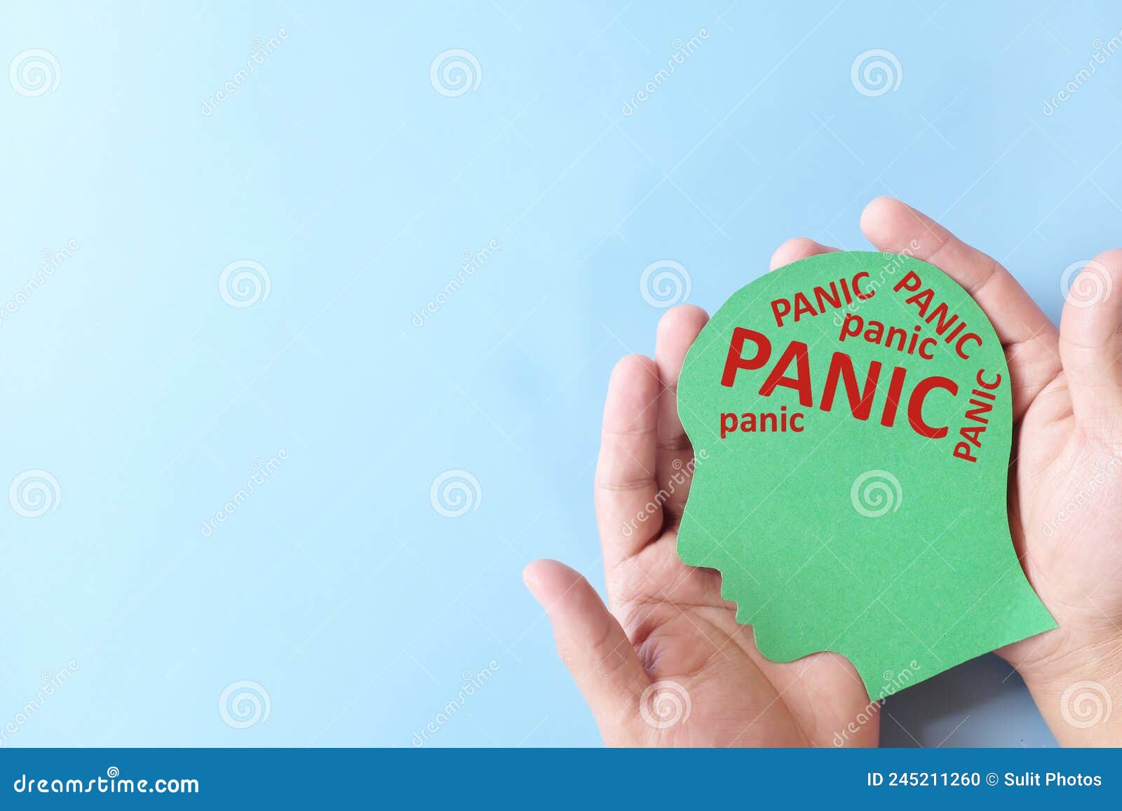 Hand Holding Green Human Head Profile with Multiple Panic Word As Brain ...