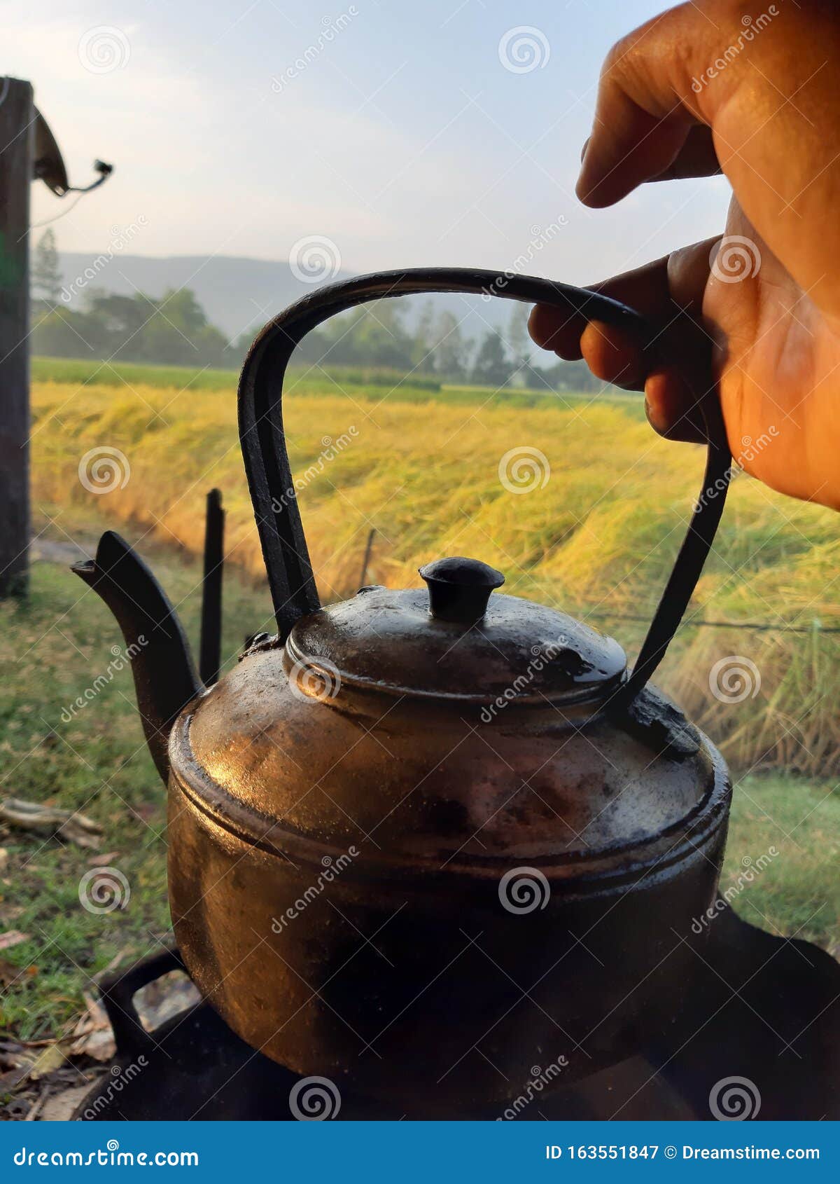 A Hand Holding a Hot Kettle Stock Image - Image of kettle, field: 163551847
