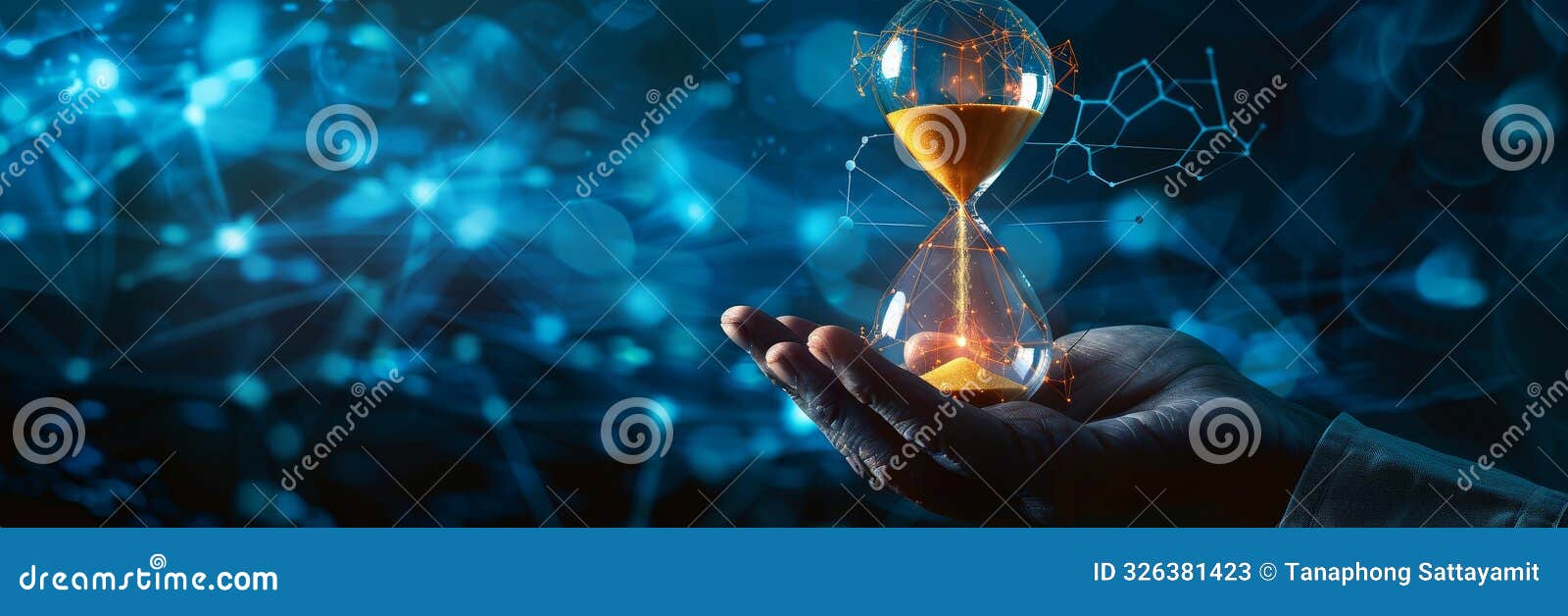 Futuristic Illustration of an Hourglass in a Hand with Digital Network ...