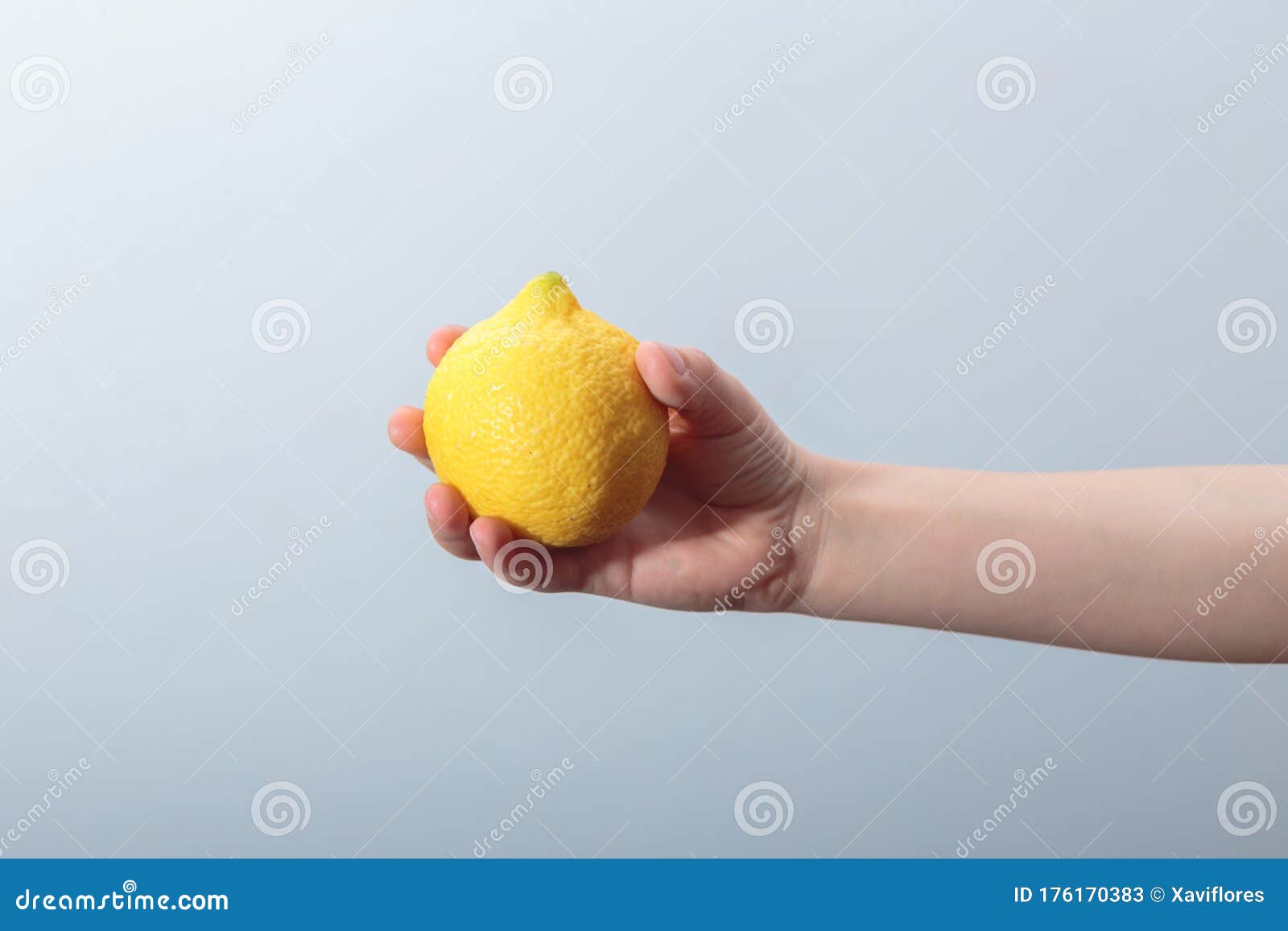 Hand Holding Isolated Lemon in Grey Background. Horizontal View Stock ...